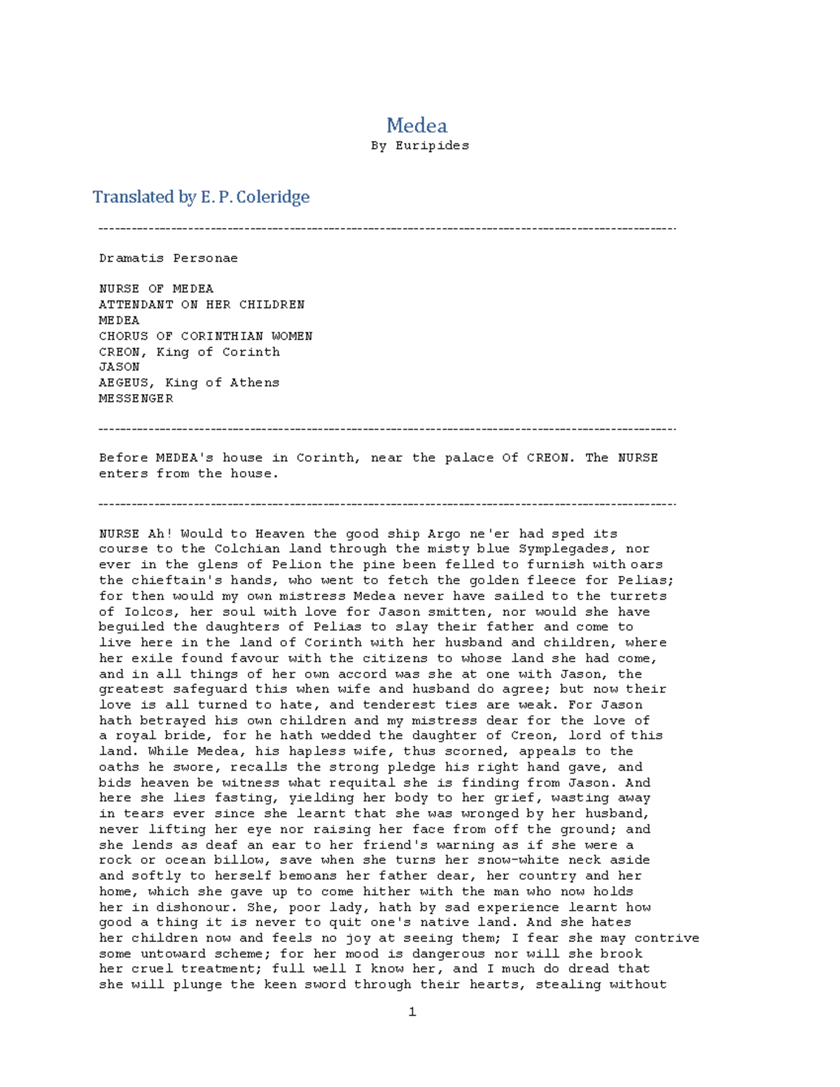 Medea (Revised) - reading used - Medea By Euripides Translated by E. P ...