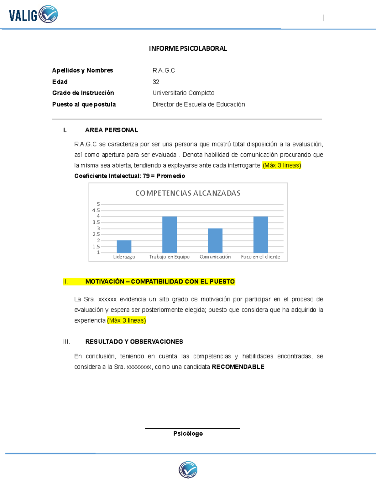 Modelo DE Informe Corto - | INFORME PSICOLABORAL Apellidos y Nombres R ...