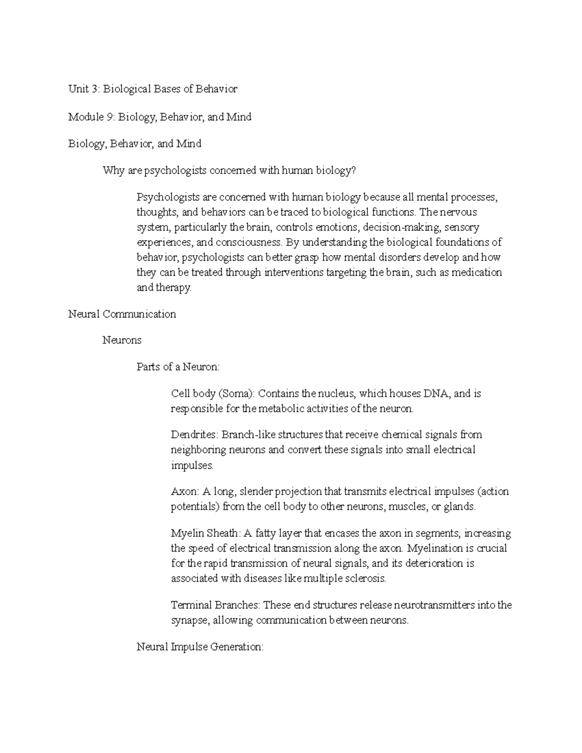Unit 3 Biological Bases of Behavior - Unit 3: Biological Bases of ...