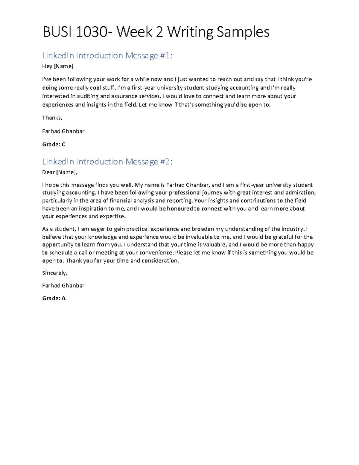 sssssssssssssss - BUSI 1030- Week 2 Writing Samples LinkedIn ...