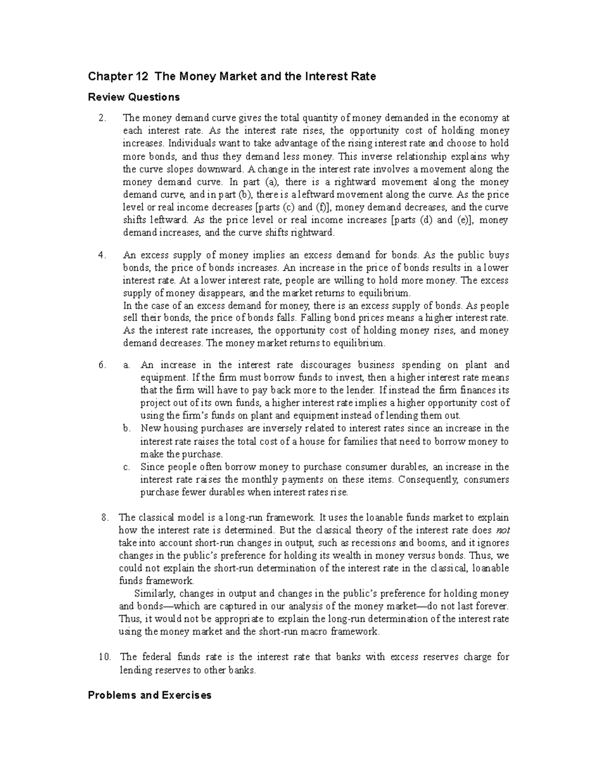Chapter 12 - Econ - Notes - Chapter 12 The Money Market and the ...