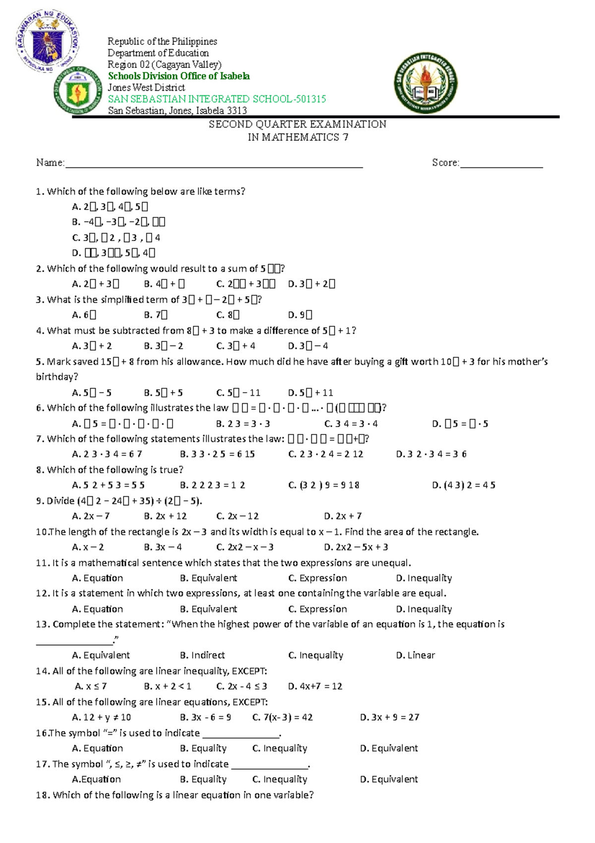 MATH 7 Math Republic Of The Philippines Department Of Education