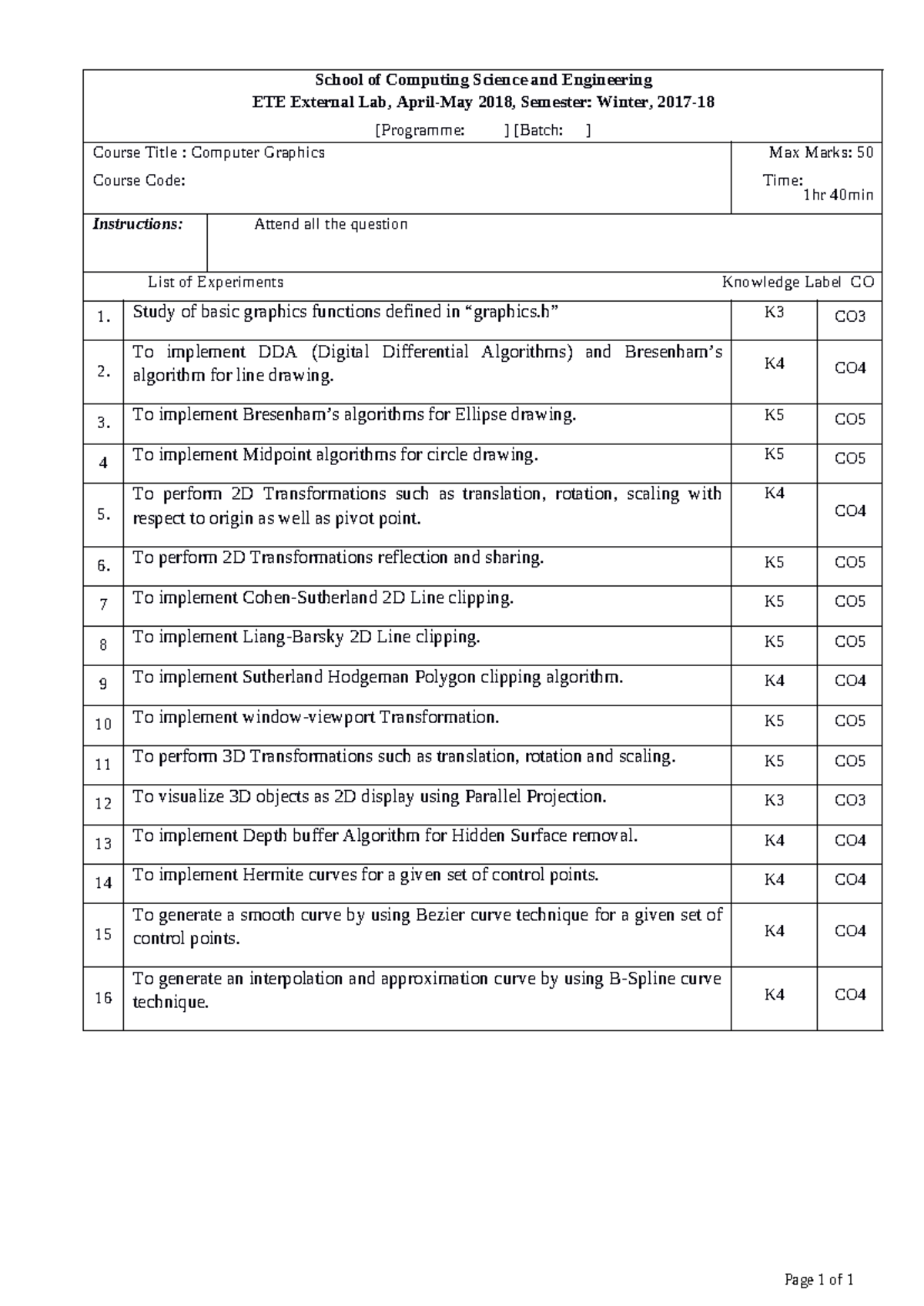 Format of ETE Lab Examination - School of Computing Science and ...