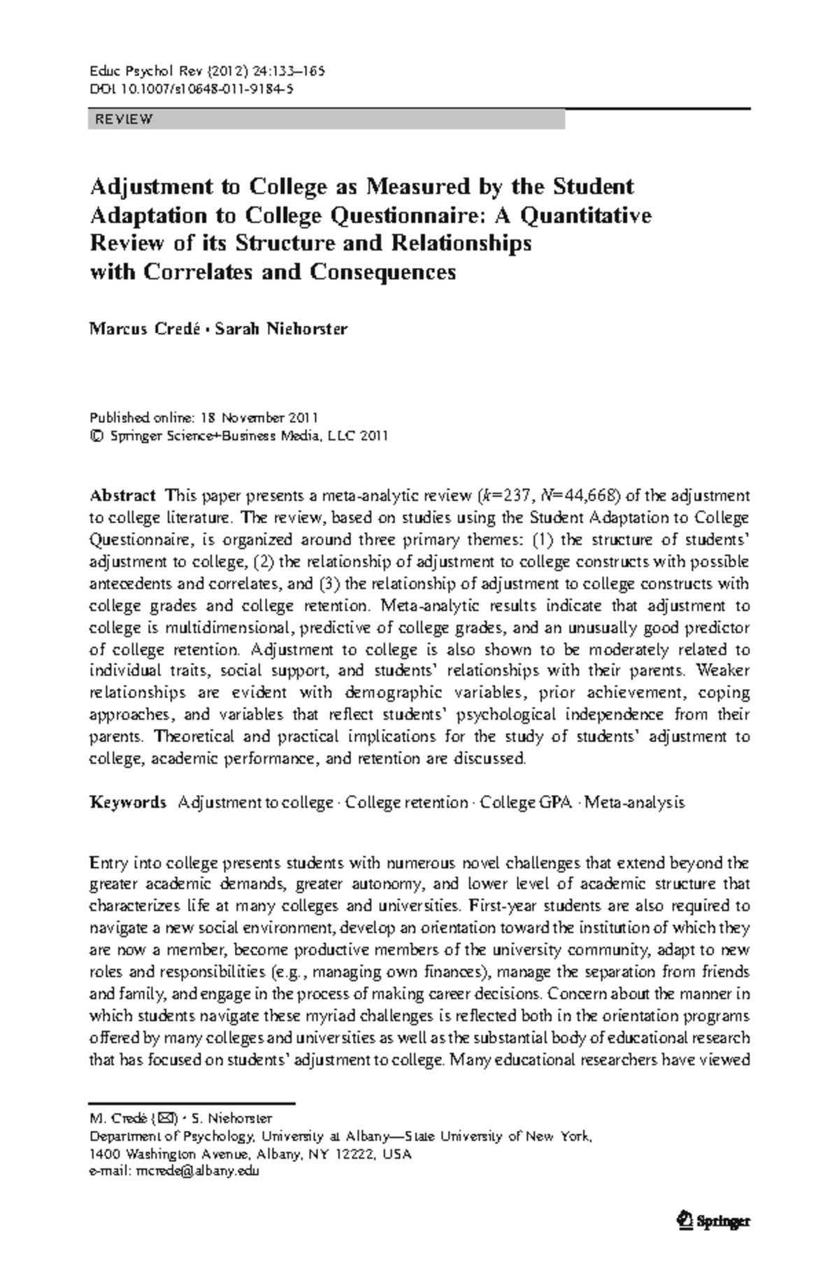Adjustment to College as Measured by the - The review, based on studies ...