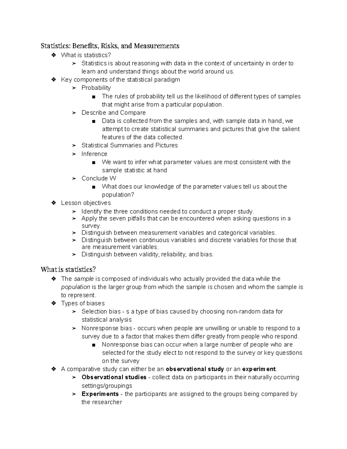 Lesson 1 - Statistics: Benefits, Risks, and Measurements What is ...