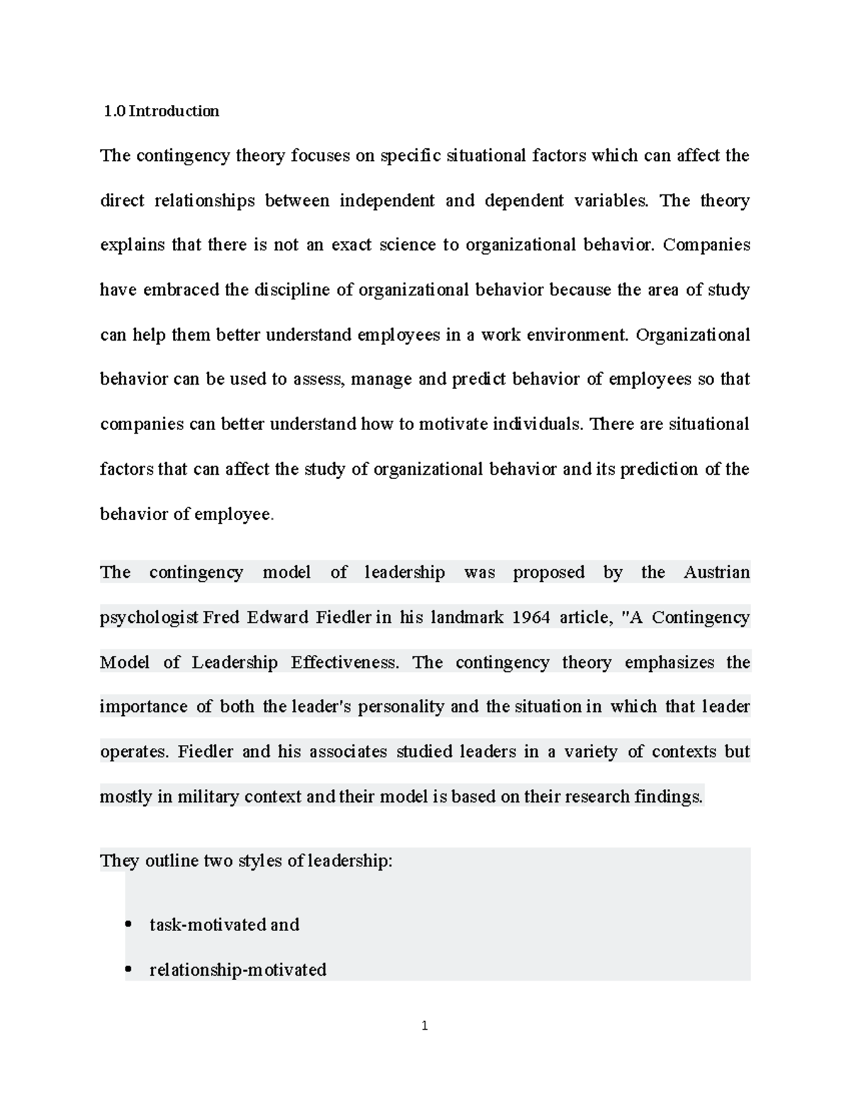 Contigency Model Theory of Leadership do - 1 Introduction The ...