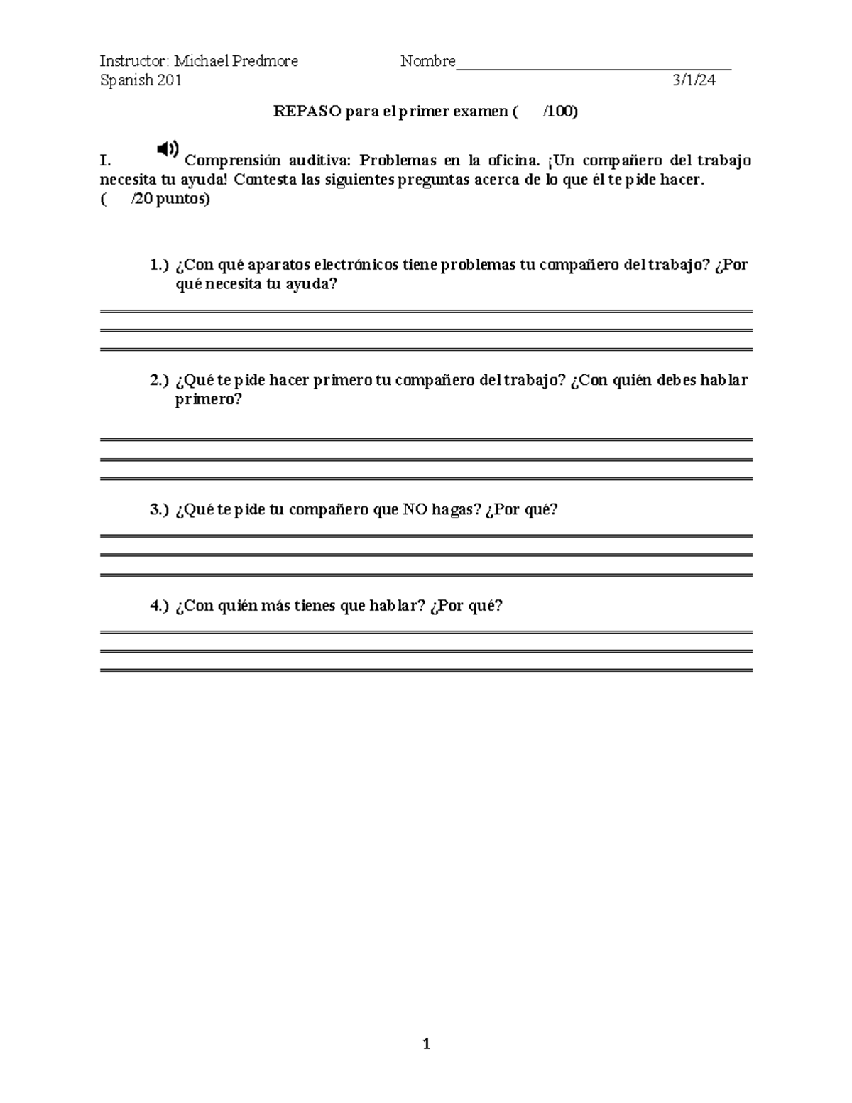 Span201 Repaso para el examen #1 - Spanish 201 3/1/ REPASO para el ...