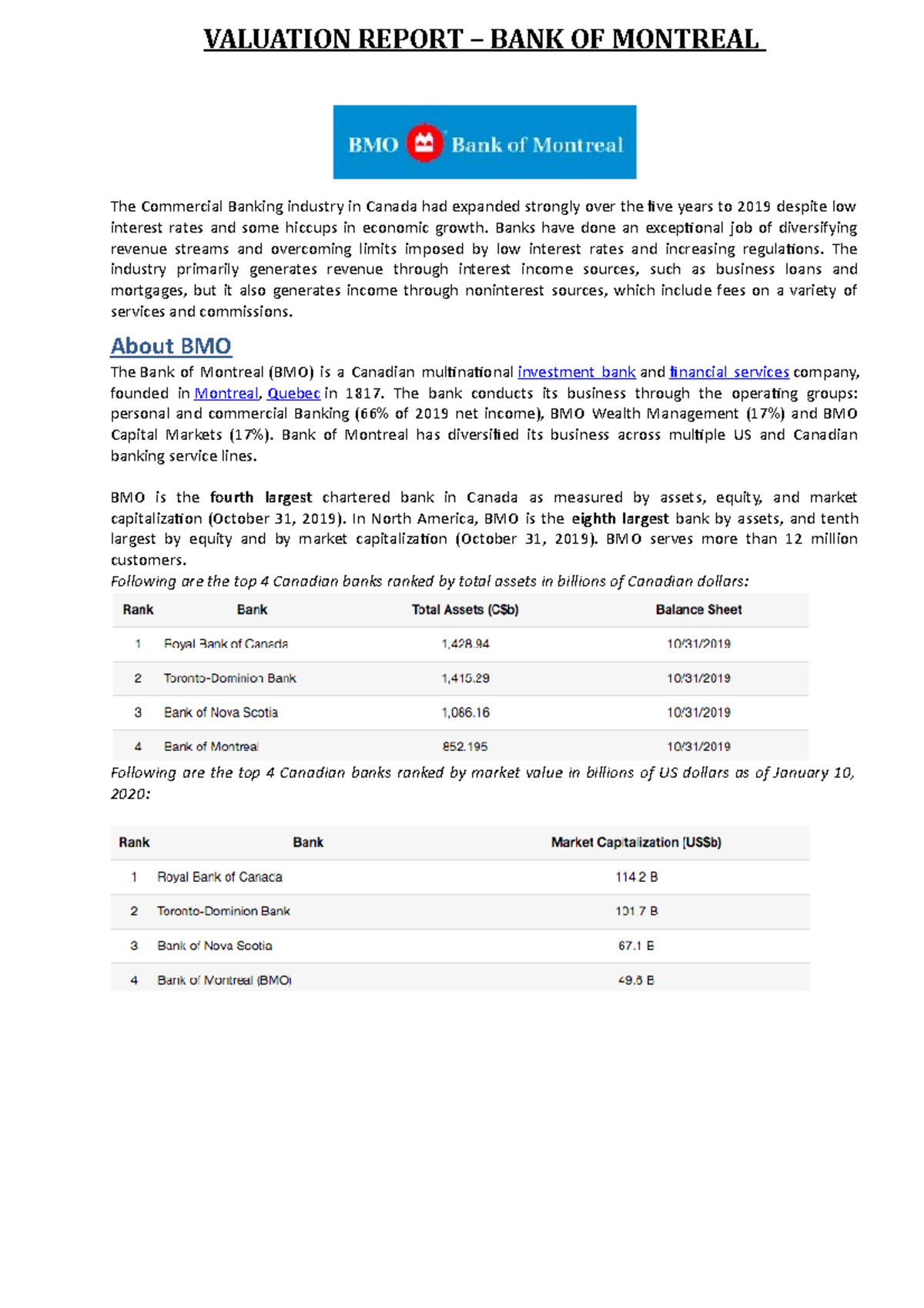BMO analysis deliverable 1-Comparison in banking industry - The ...