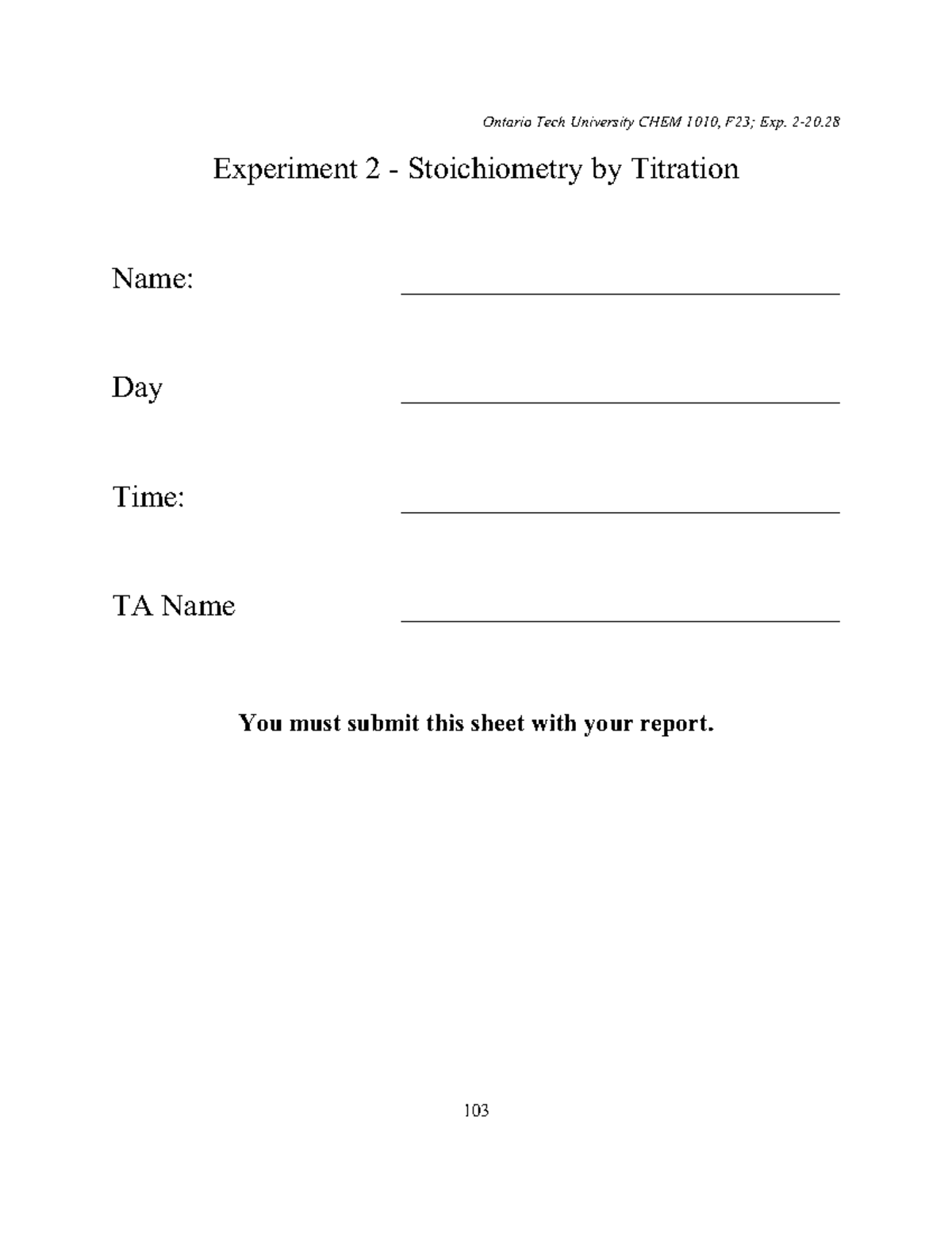 CHEM 1010 Lab Manual F23-2 - Ontario Tech University CHEM 1 010 , F2 3 ...