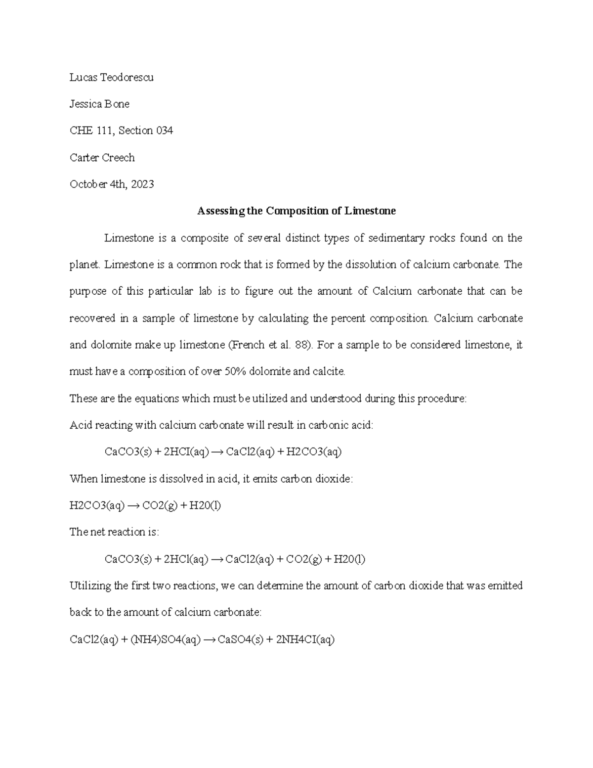 Experiment 4 CHE UKY - Lucas Teodorescu Jessica Bone CHE 111, Section ...