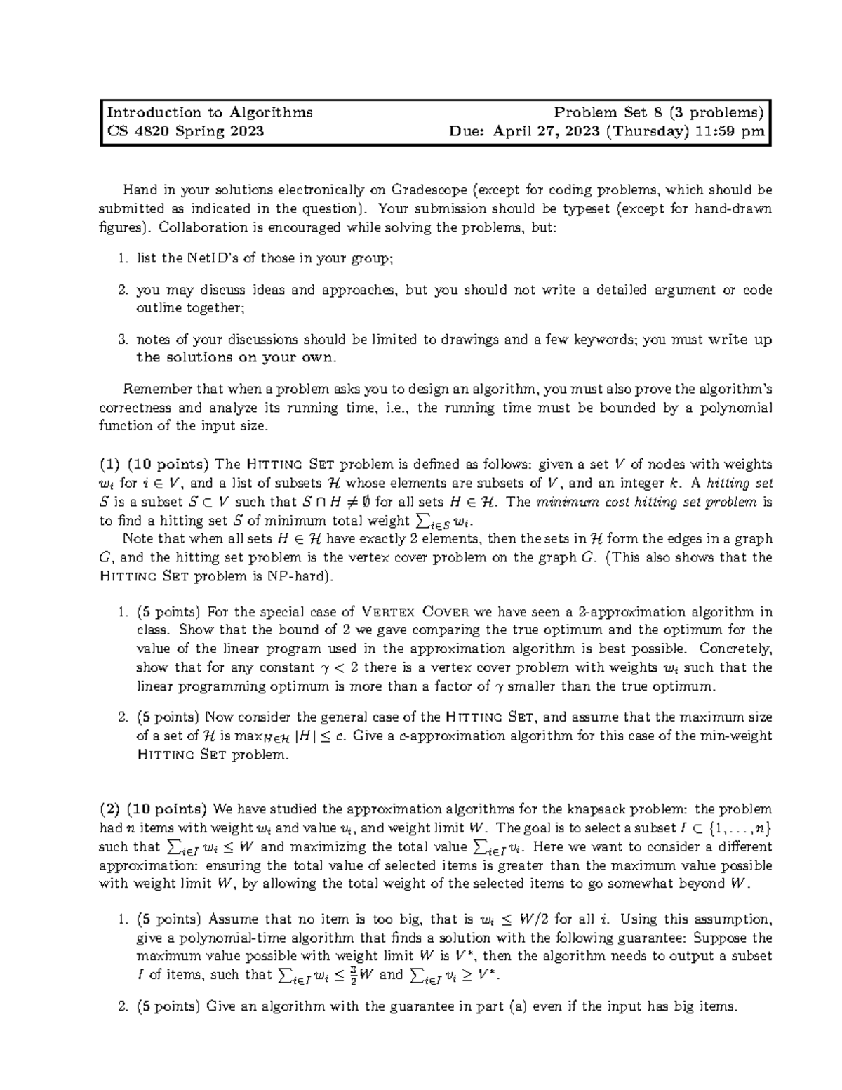 Hw8 Hw8 Assignment Introduction To Algorithms Problem Set 8 3 Problems Cs 4820 Spring 2023