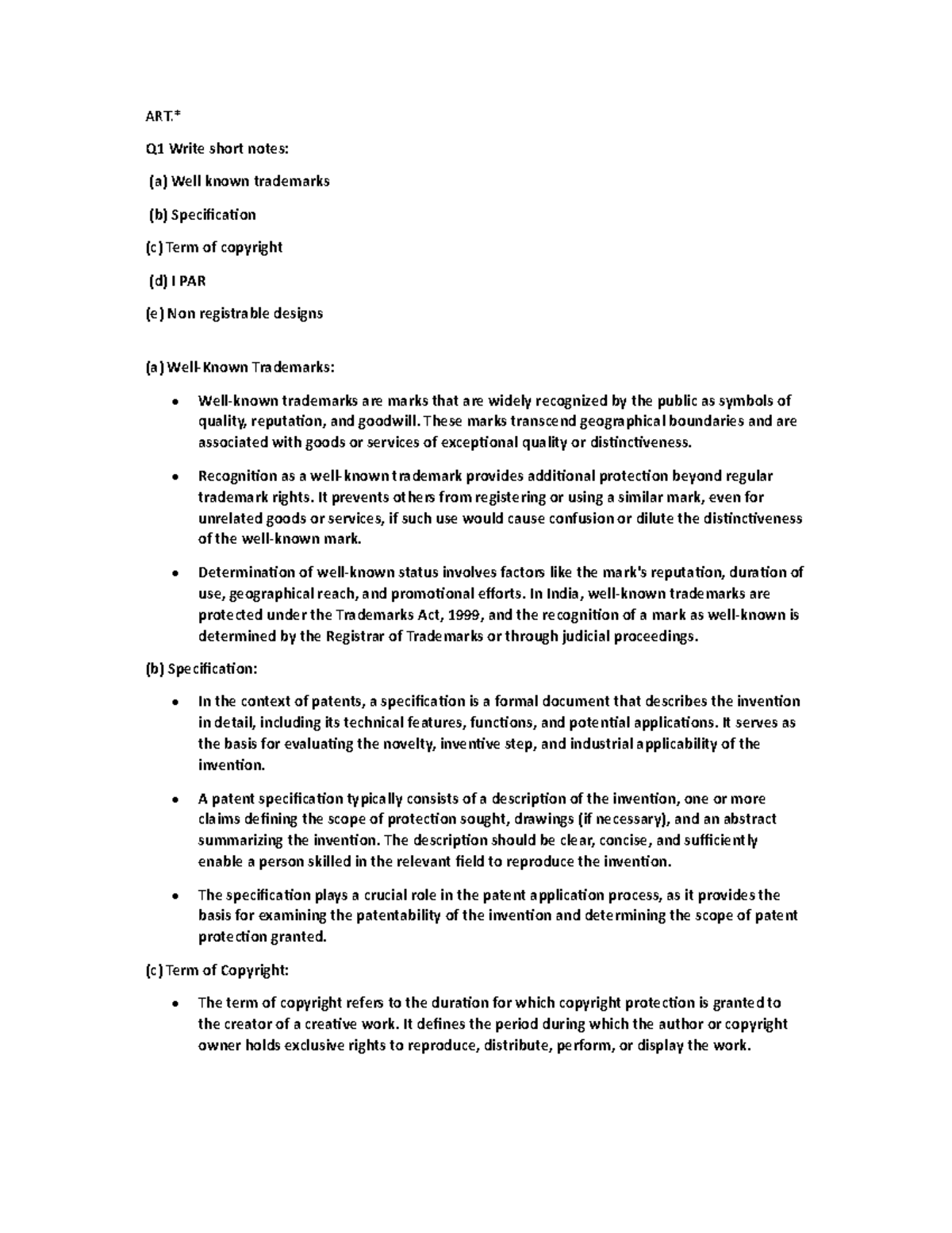 IPR2019 - IPR SOLVED PAPER - ART.* Q1 Write short notes: (a) Well known ...