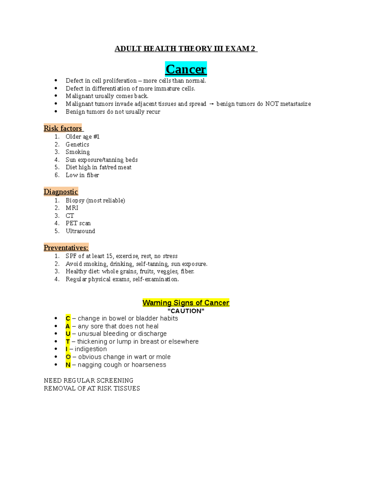 Adult Health Theory III EXAM 2 - ADULT HEALTH THEORY III EXAM 2 Cancer ...