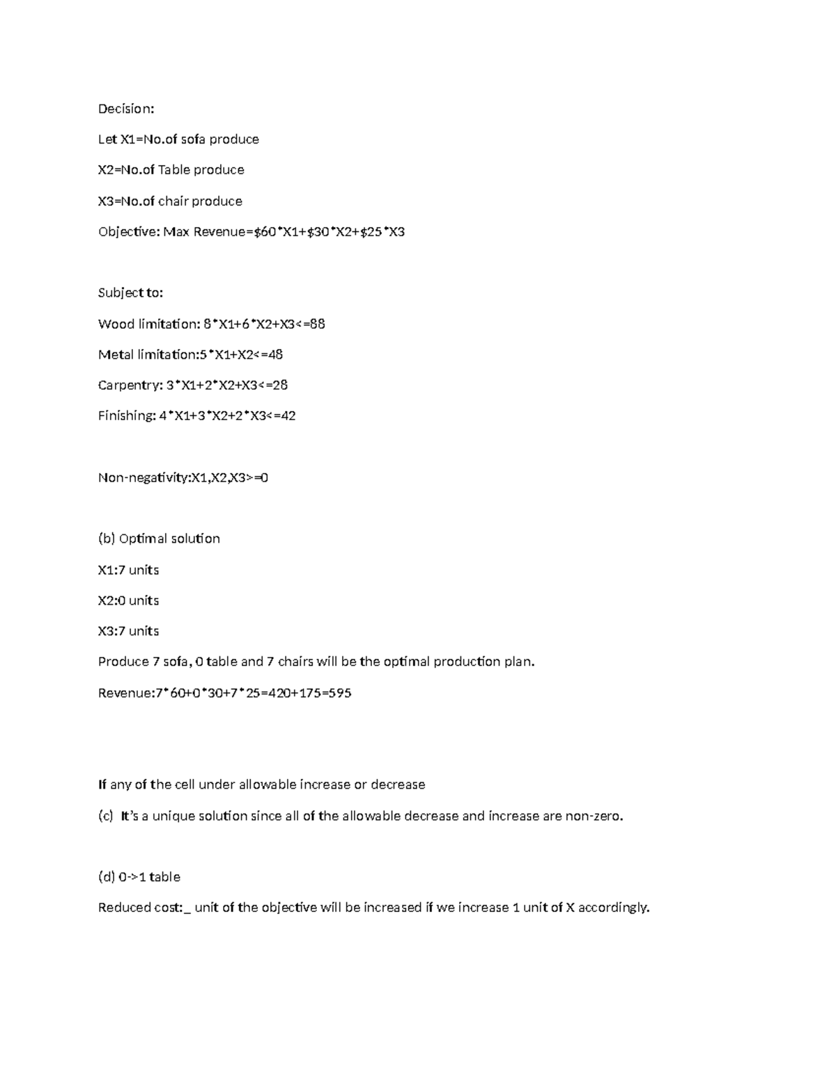 Cb2203 Tutorial 9 - Decision: Let X1=No sofa produce X2=No Table produce X3=No chair produce ...
