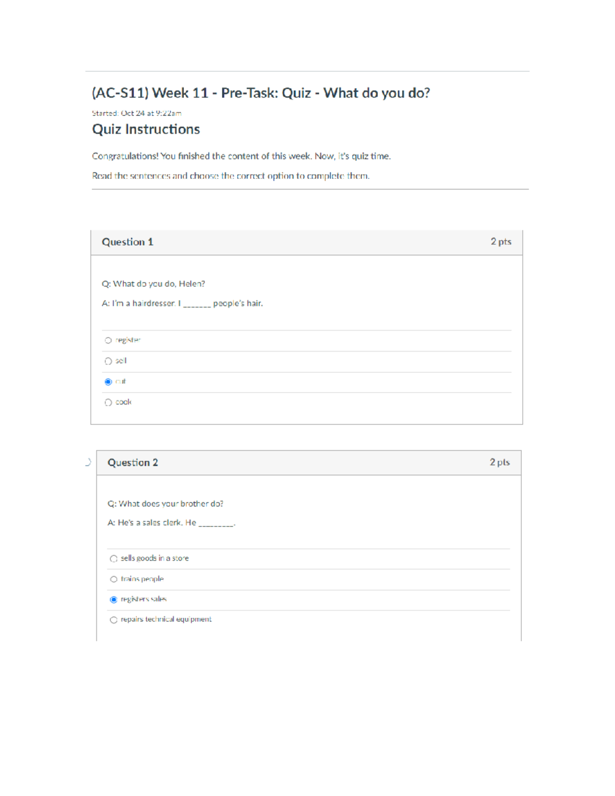 (AC-S11) Week 11 - Pre-Task Quiz - What do you do - Ingles II - Studocu