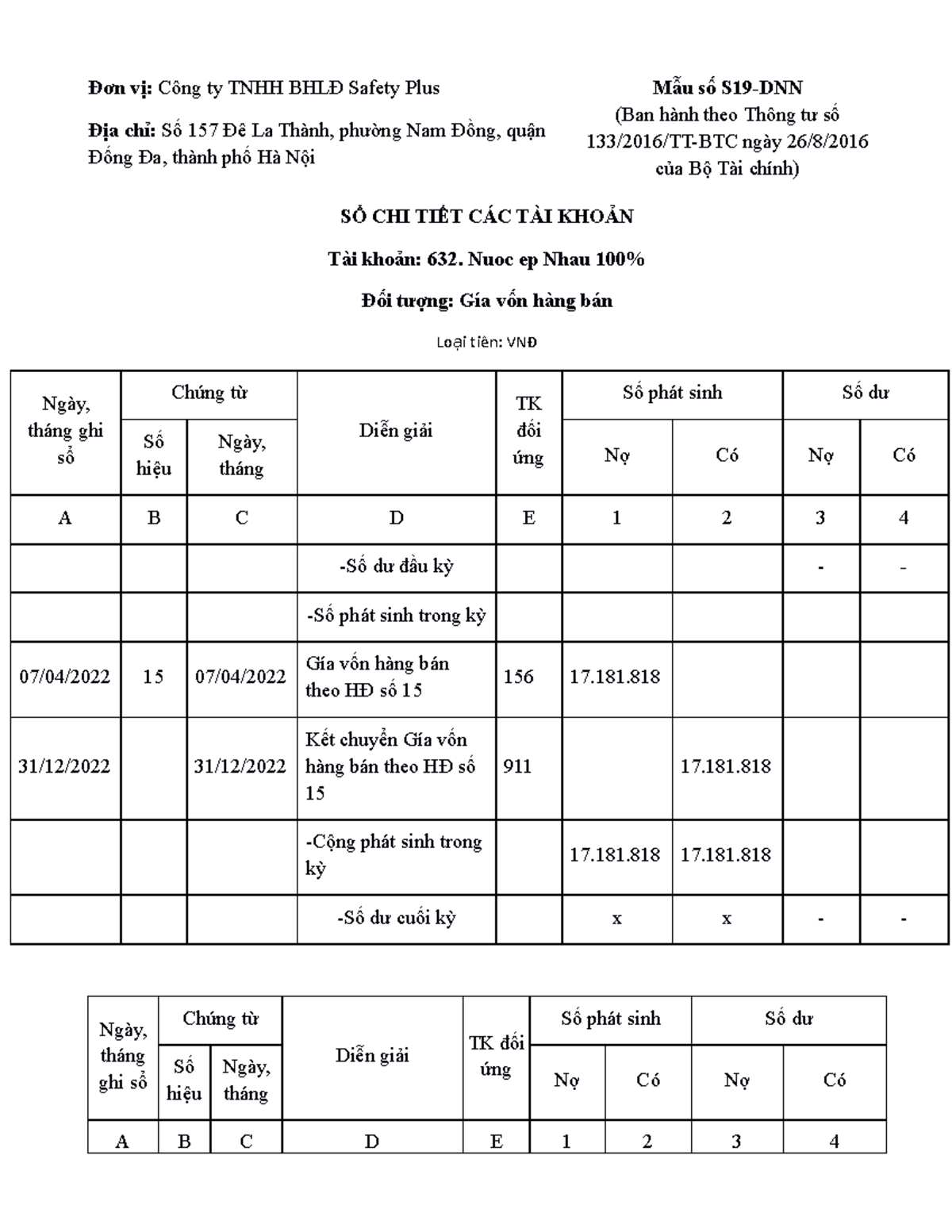 Mẫu sổ chi tiết các tài khoản theo Thông tư 133 - Đơn vị: Công ty TNHH ...
