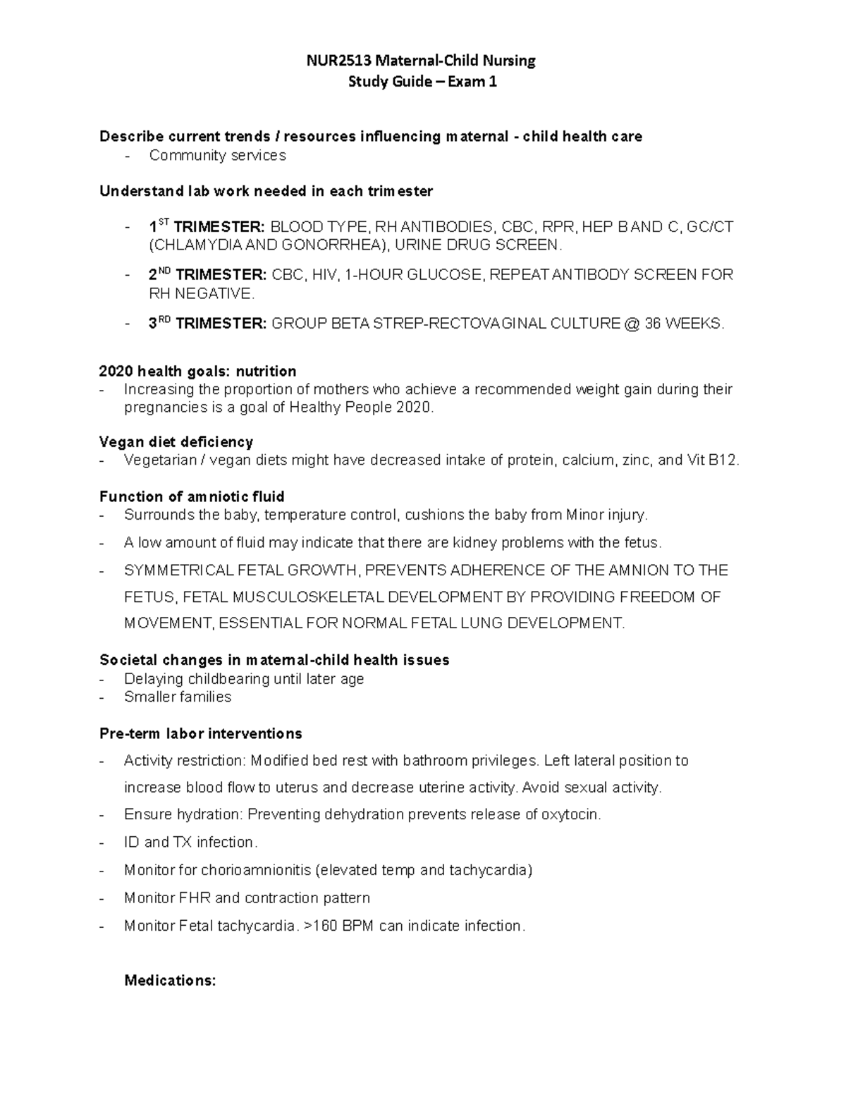Maternal Child Nursing Exam 1 Review NUR 2633 Studocu