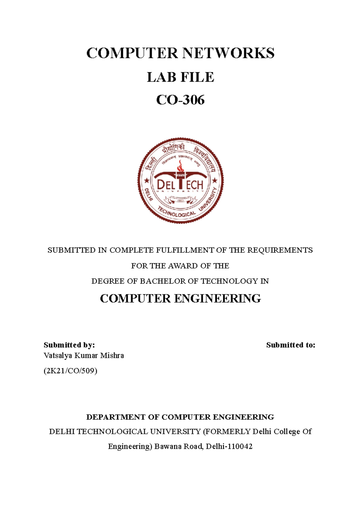CN LAB FILE - COMPUTER NETWORKS LAB FILE CO- SUBMITTED IN COMPLETE FULFILLMENT OF THE ...