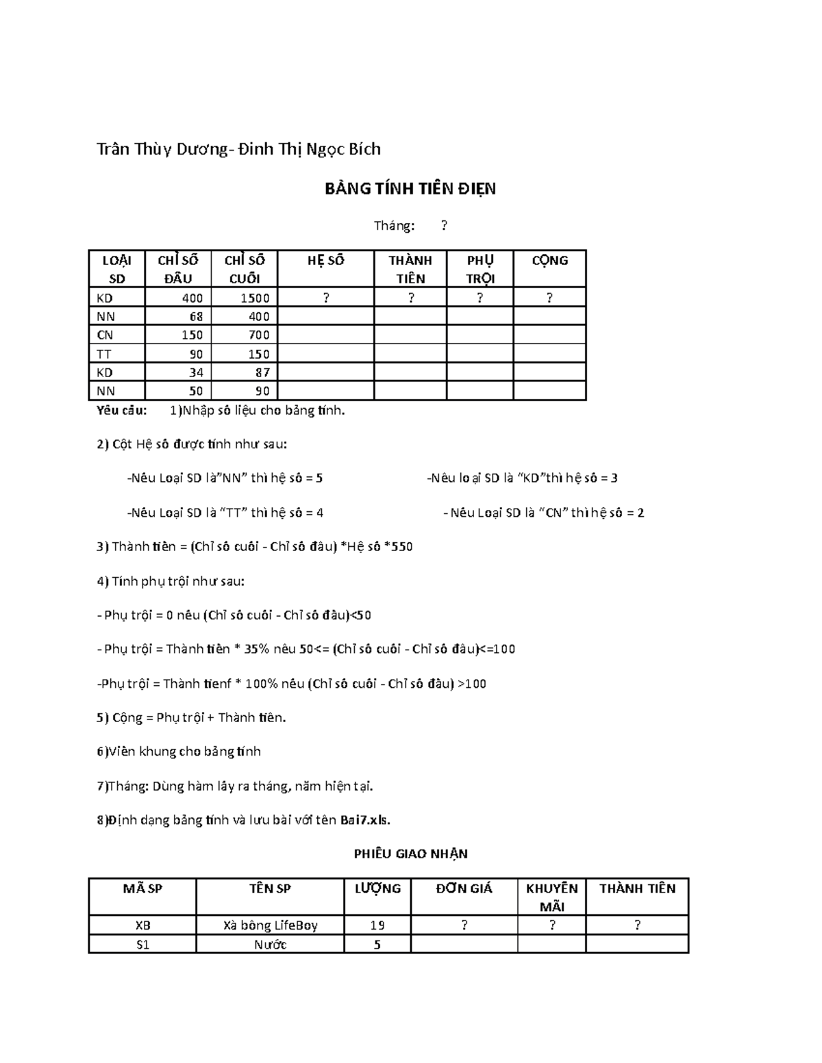 Trần Thùy Dương - gygy - Trầần Thùy D ương- Đinh Th Ng c Bích ị ọ B ẢNG TÍNH TIỀỀN ĐI N Ệ Tháng ...