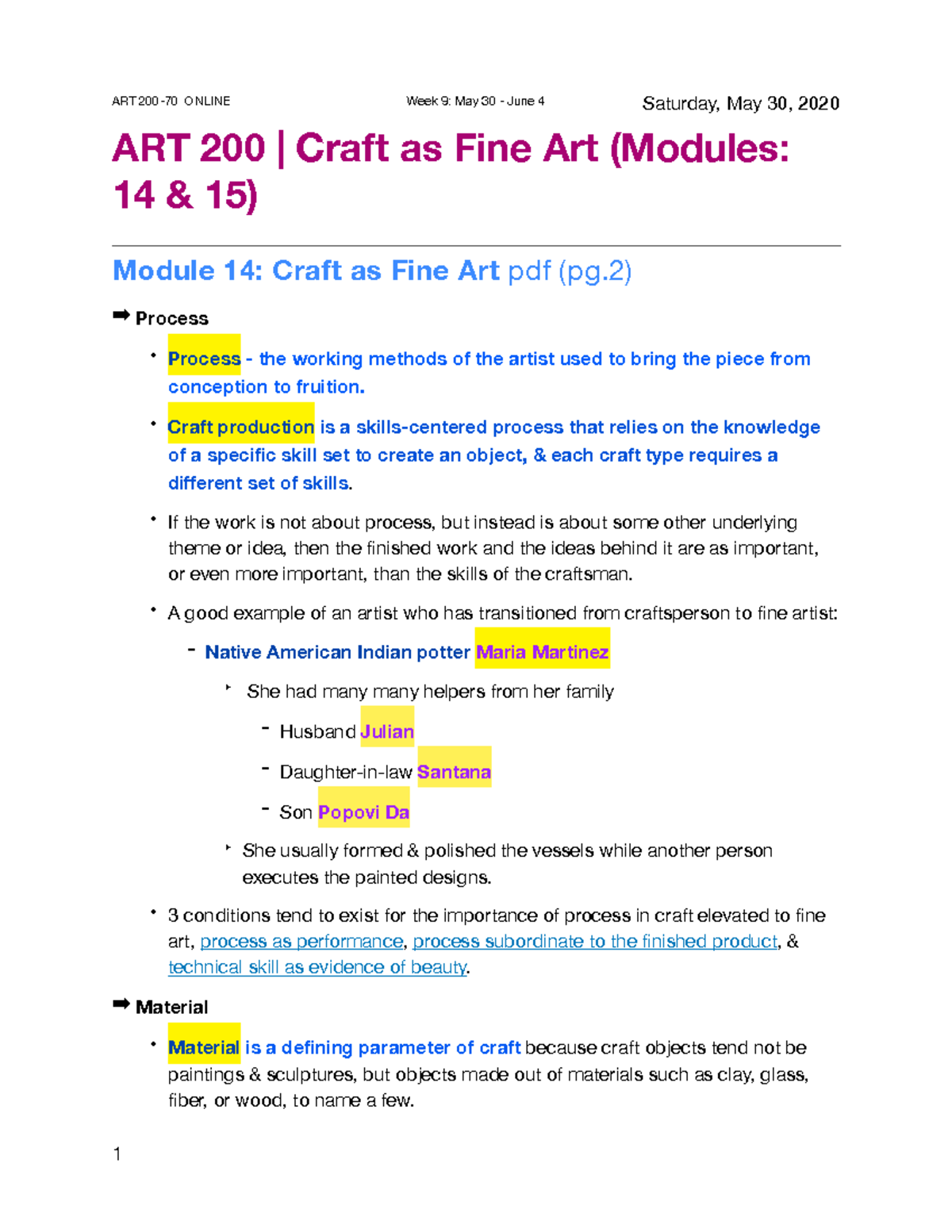 ART 200 Week 9 May 30 - June 4 - ART 200 | Craft as Fine Art (Modules ...