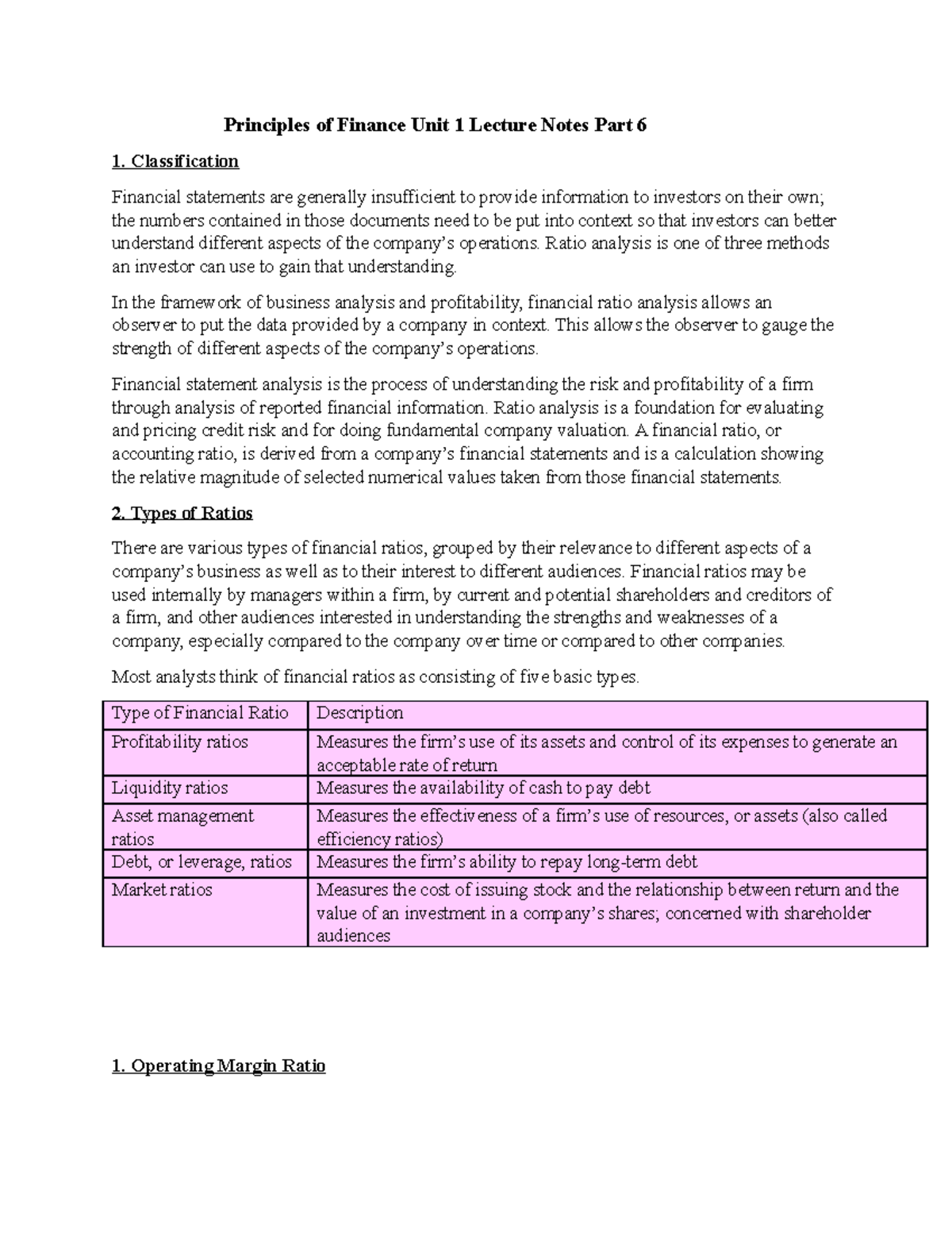 Principles of Finance Unit 1 Lecture Notes Part 6 - Classification ...