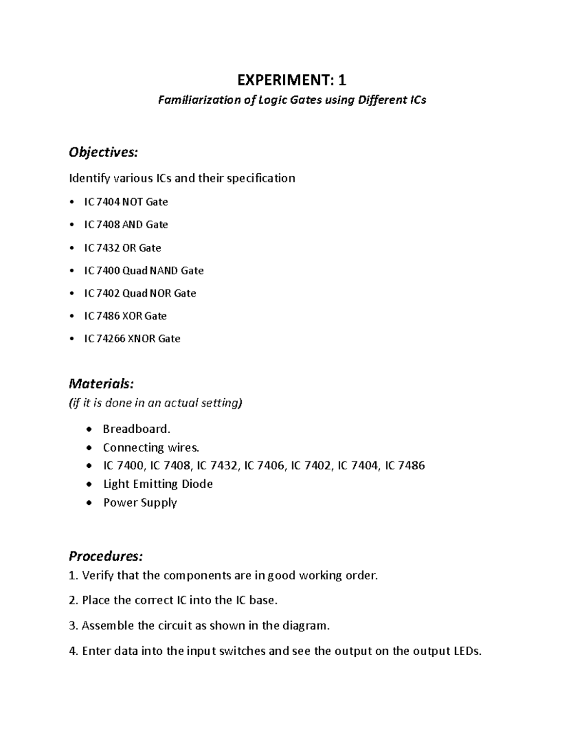 Familiarization of Logic Circuits - EXPERIMENT: 1 Familiarization of ...