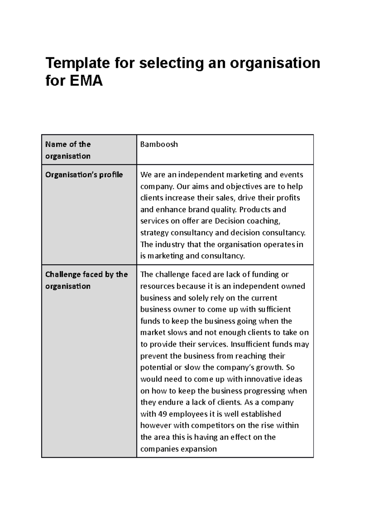 Selecting an organisation for EMA B205 - Template for selecting an ...