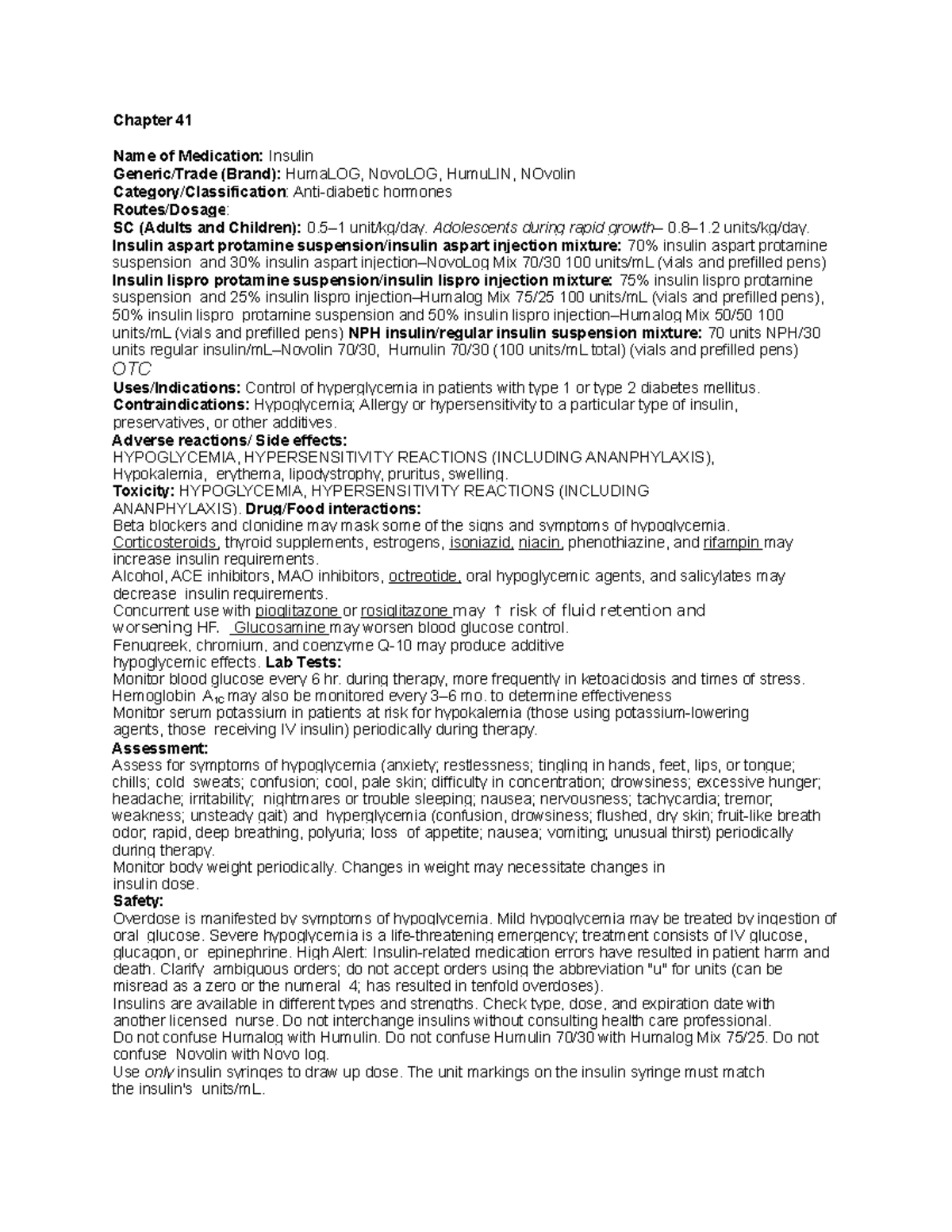 Medcards 41 45 - drug cards - Chapter 41 Name of Medication: Insulin ...