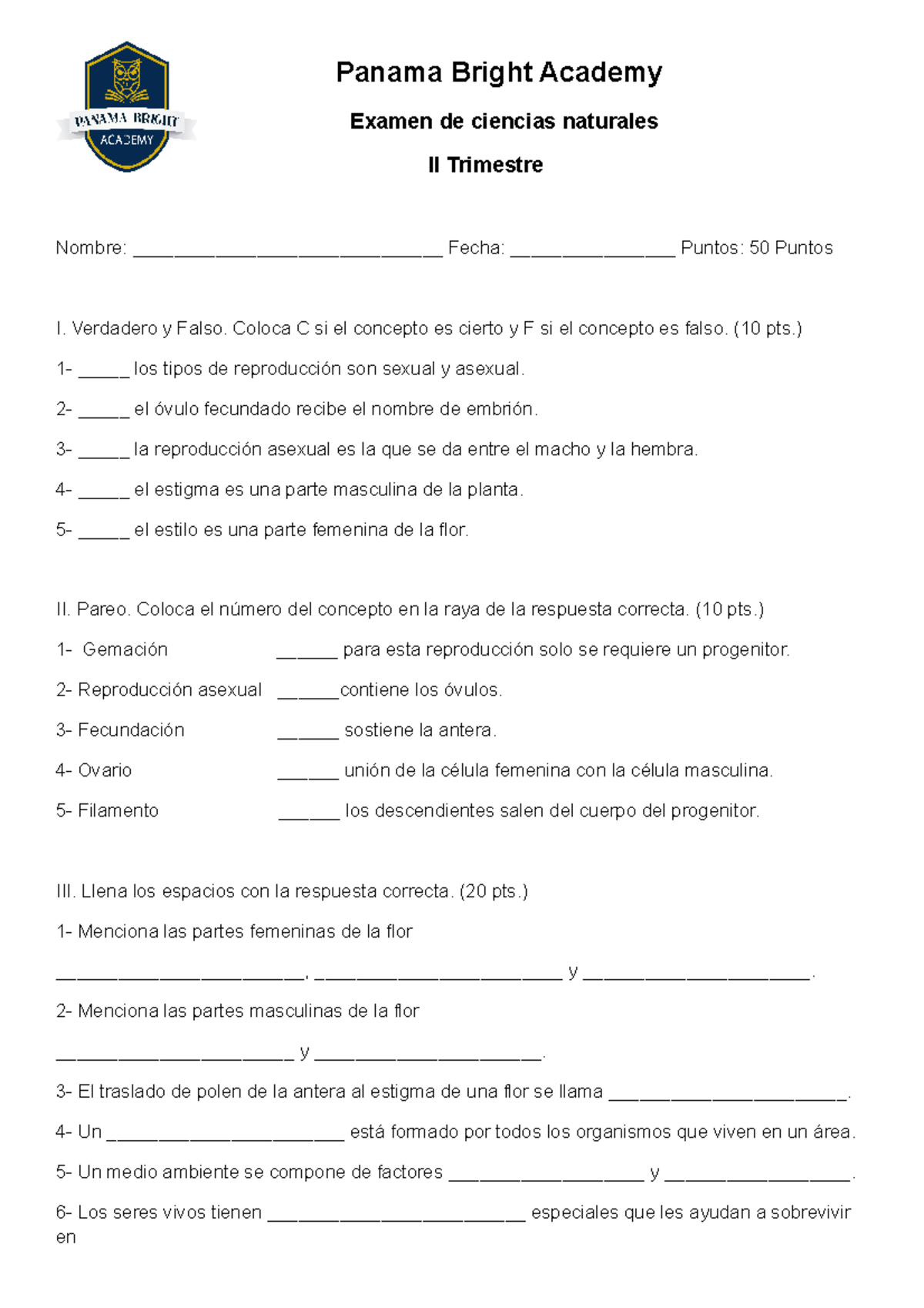 Examen de ciencias naturales - Panama Bright Academy Examen de ciencias ...