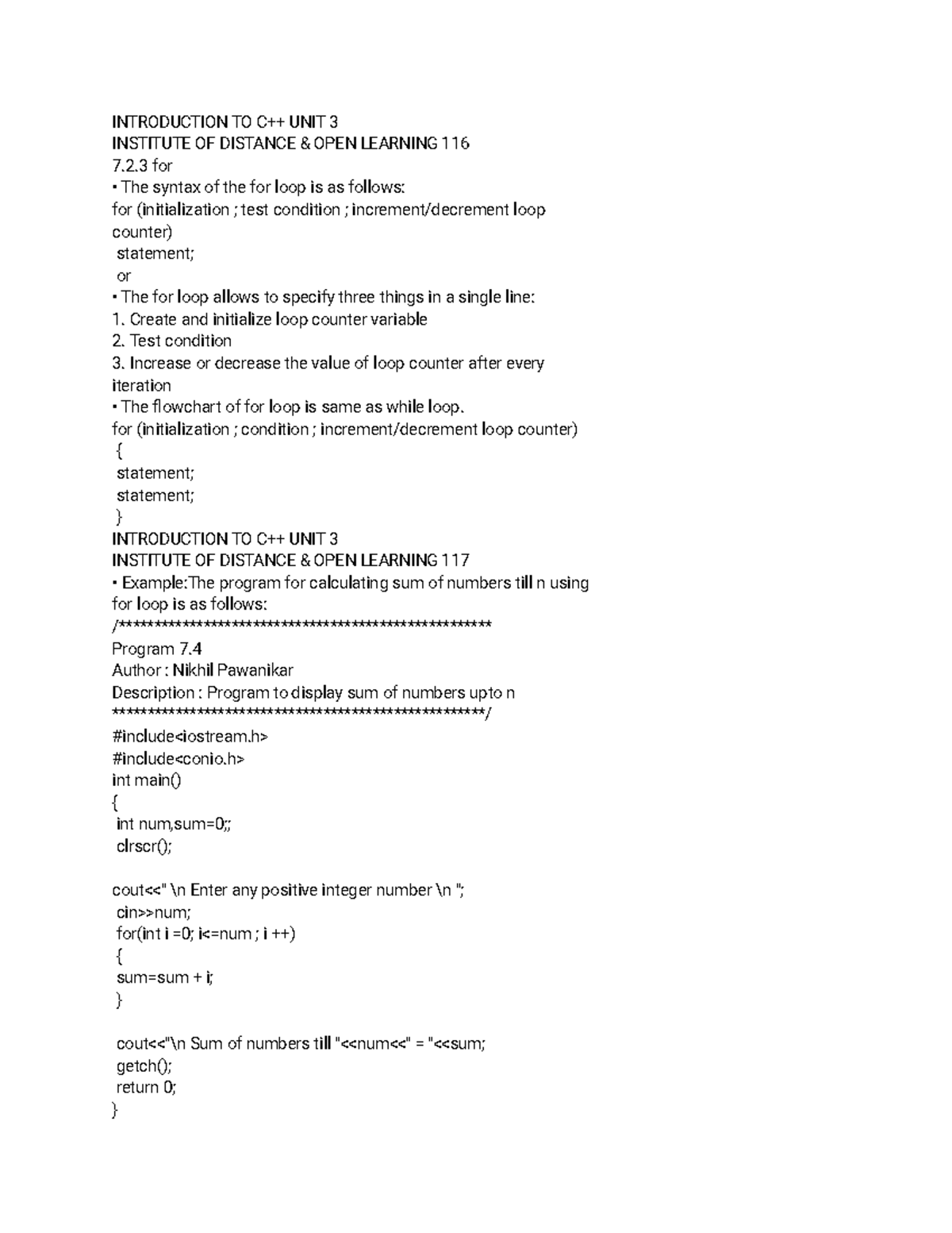 Programming notes 18 - INTRODUCTION TO C++ UNIT 3 INSTITUTE OF DISTANCE ...