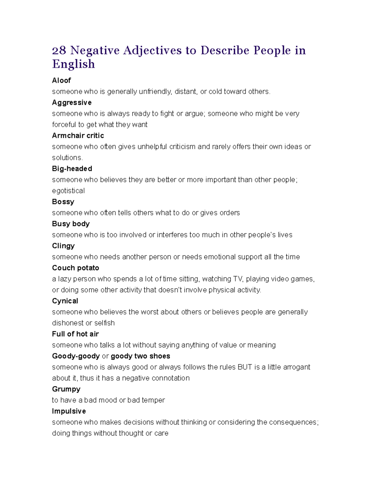 28 Negative Adjectives to Describe People in English - 28 Negative ...