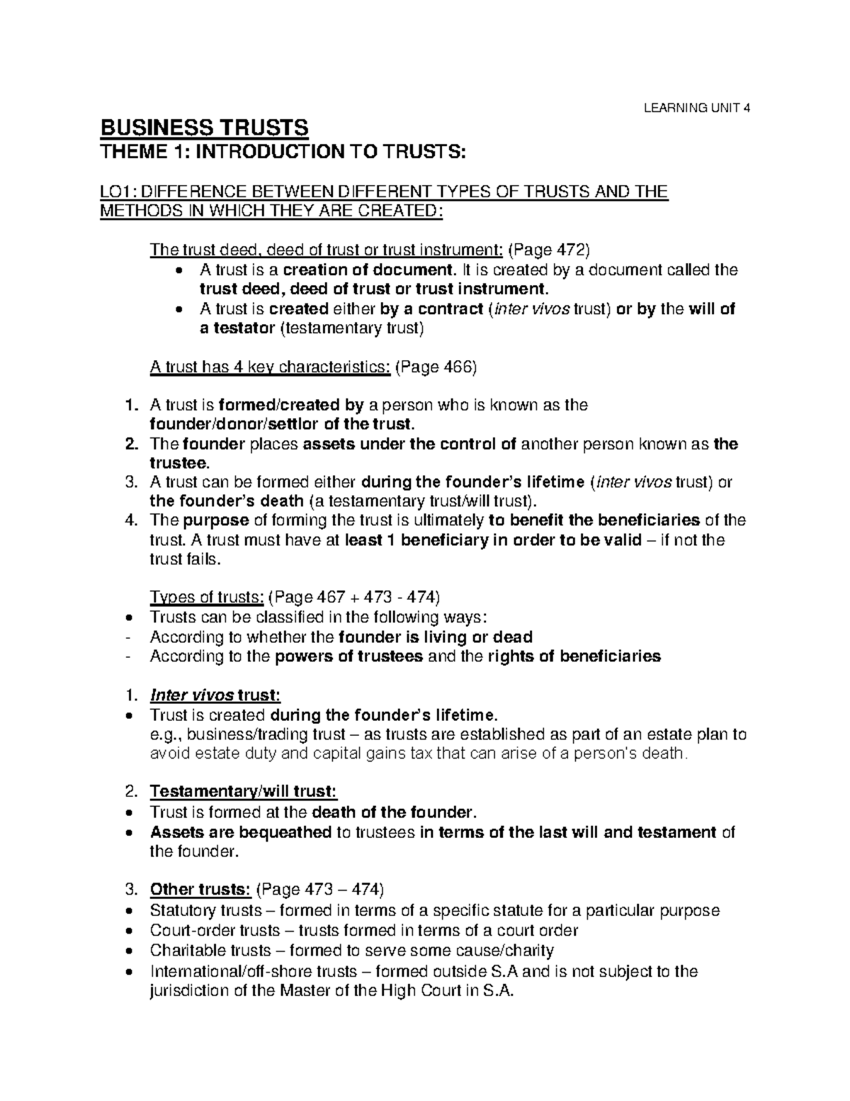 BUEL - LU 4 - NOTES - LEARNING UNIT 4 BUSINESS TRUSTS THEME 1 ...