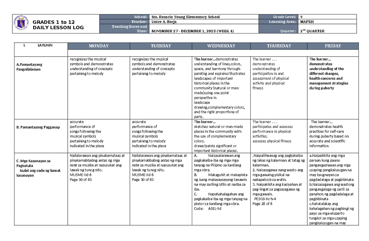 DLL Mapeh 5 Q2 W4 - GRADES 1 to 12 DAILY LESSON LOG School: Sto ...