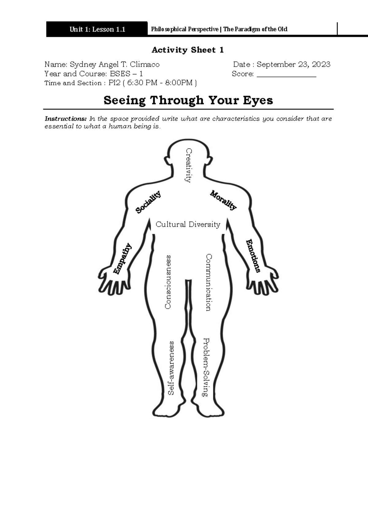 Activity Sheet 1 - Seeing Through Your Eyes - Unit 1: Lesson 1 ...
