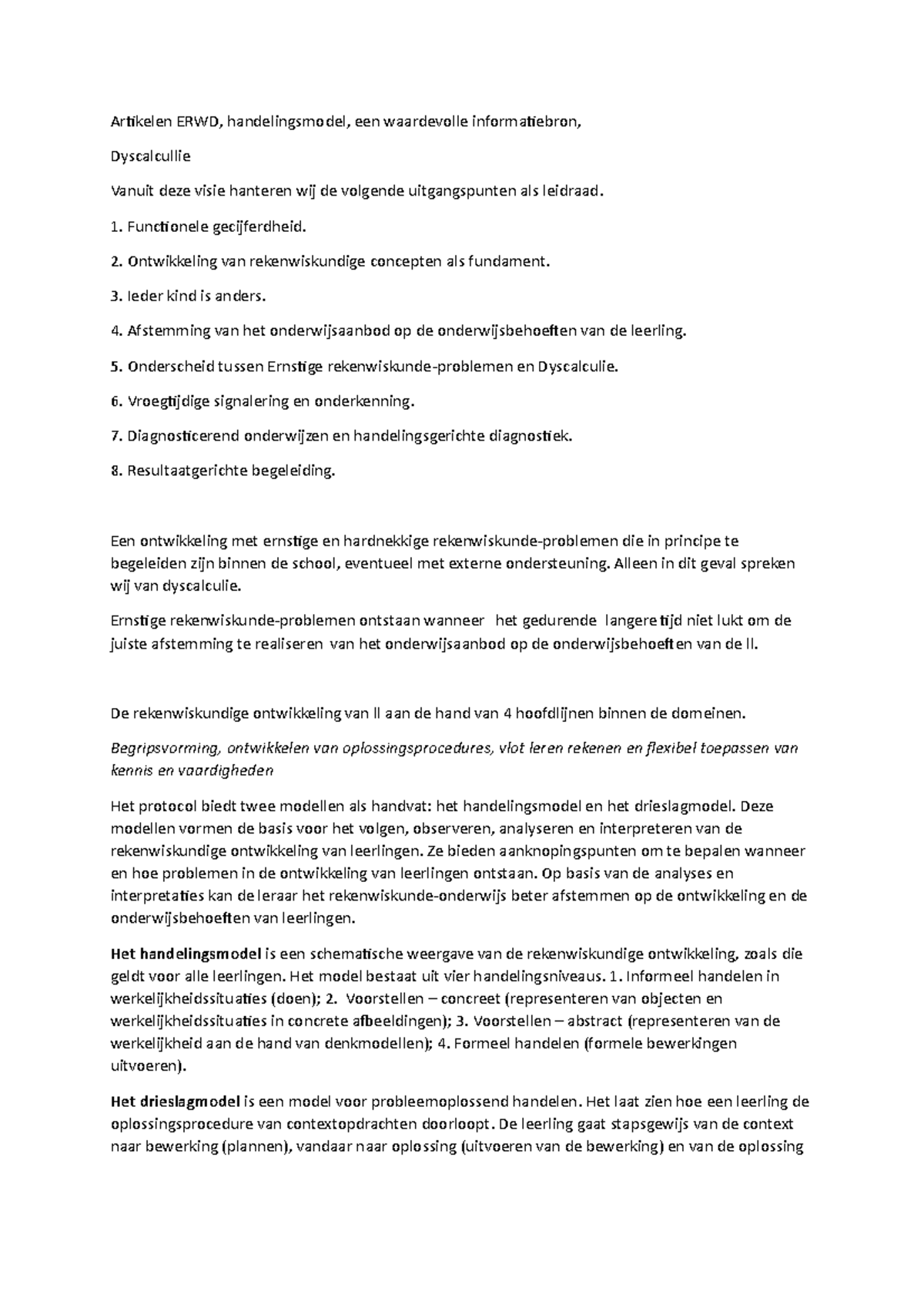 Samenvatting ERWD-protocol - Artikelen ERWD, handelingsmodel, een ...