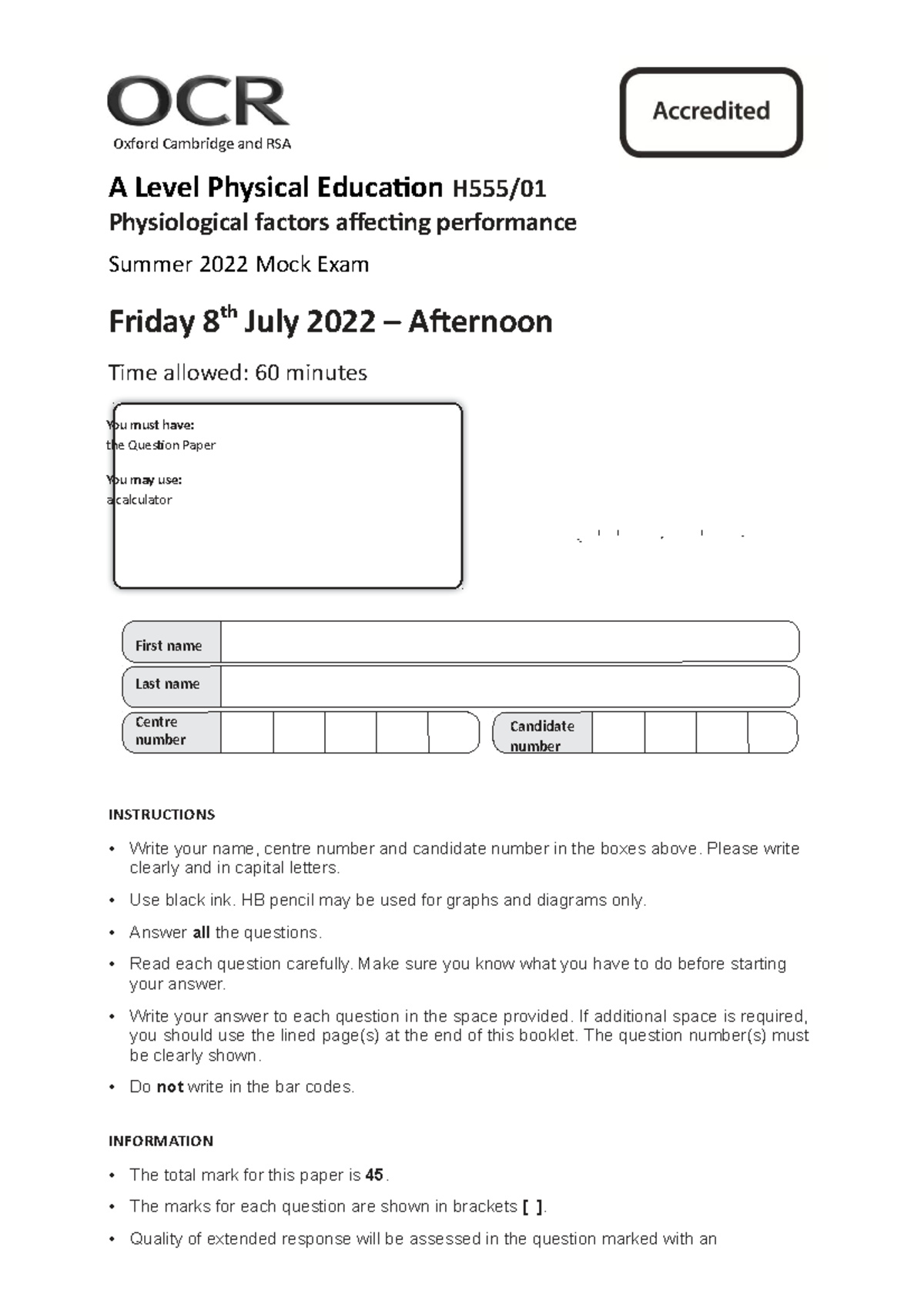 OCR A Level PE Mock Exam - First name Last name Centre number Candidate ...