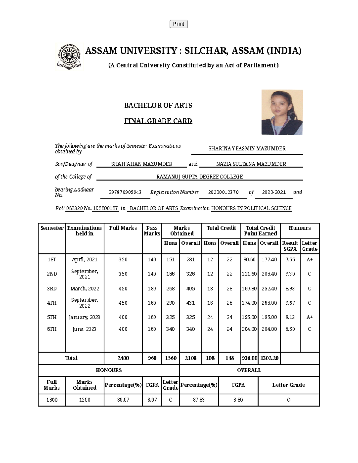 Final Marksheet rechechked - Print ASSAM UNIVERSITY : SILCHAR, ASSAM ...