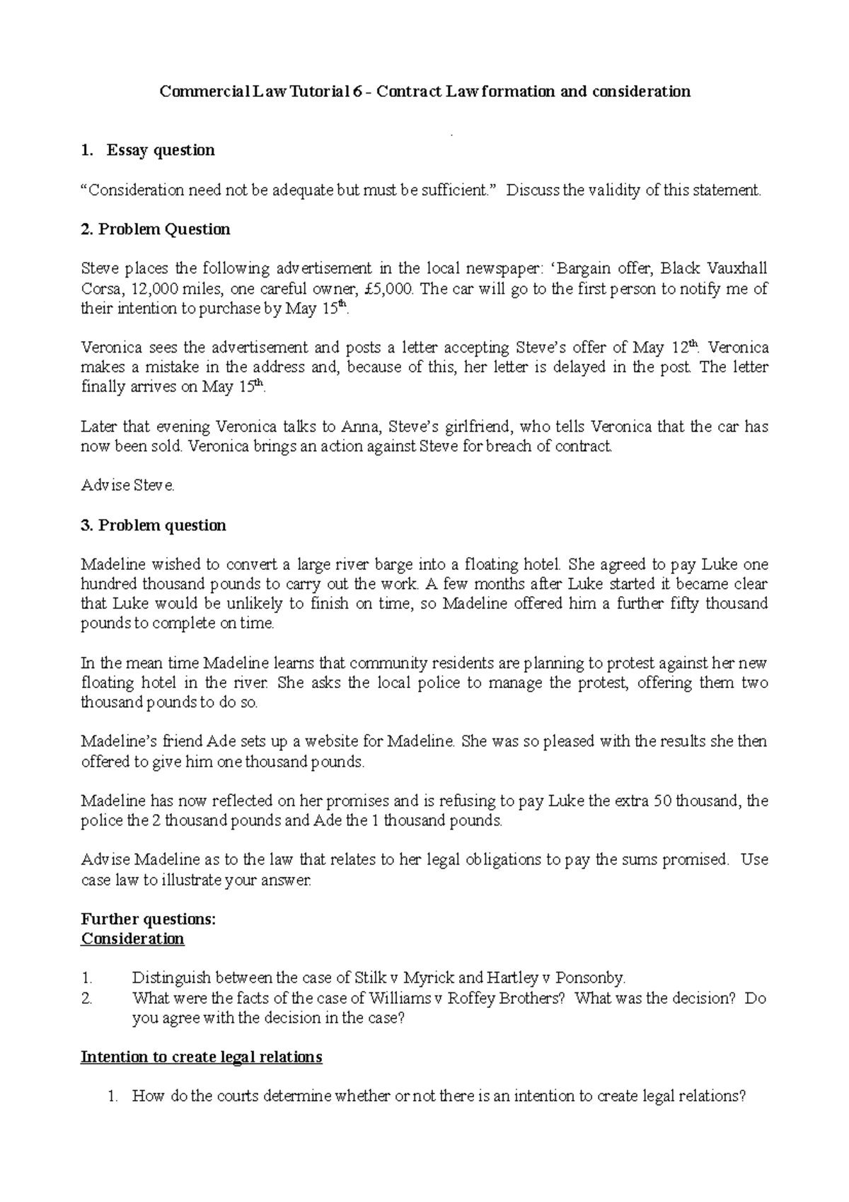 Tutorial 6 - Commercial Law Tutorial 6 - Contract Law formation and ...