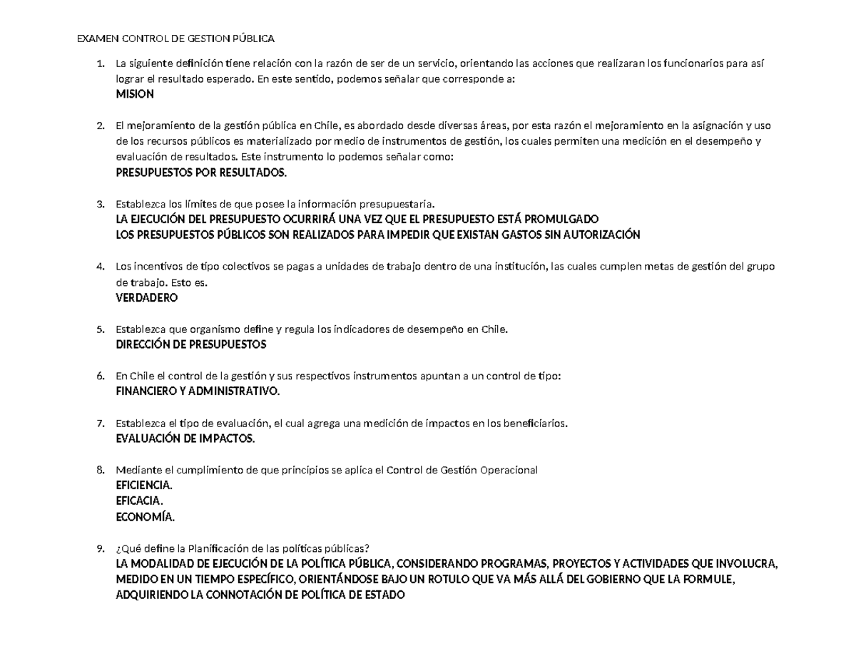 Examen Control DE Gestion PÚ Blica - EXAMEN CONTROL DE GESTION PÚBLICA La siguiente definición ...