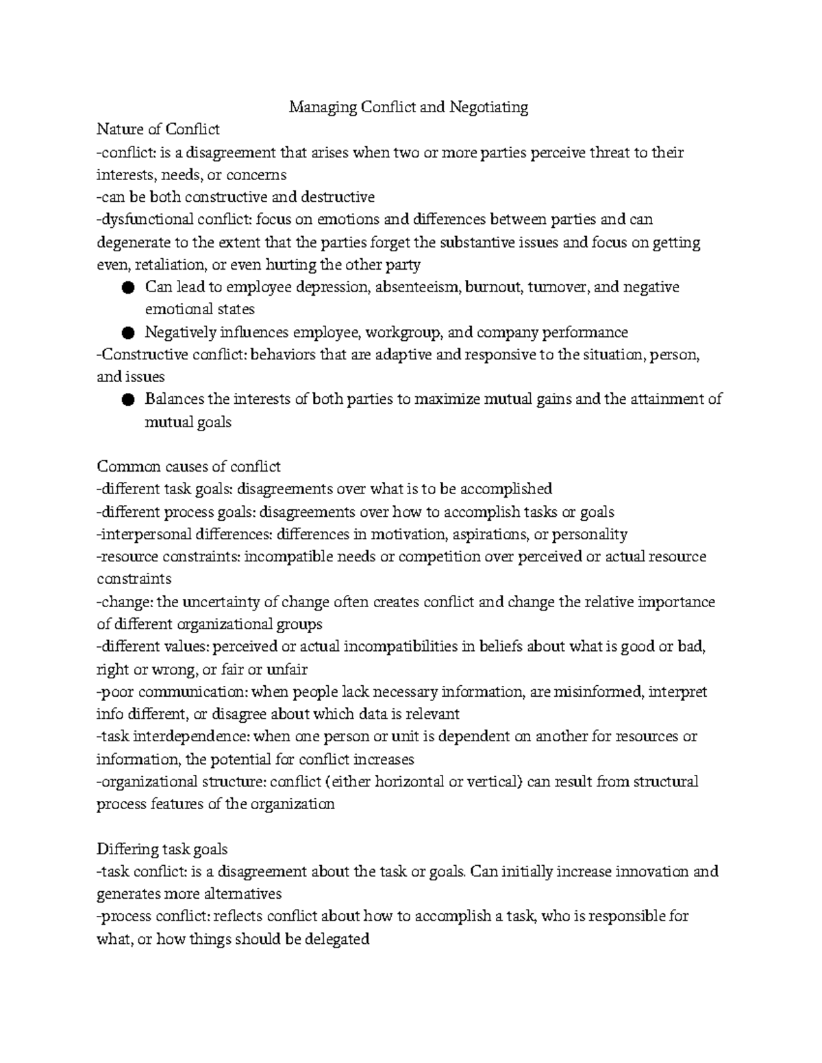 Ch 10 Notes - Managing Conflict and Negotiation - BMGT 335 - MSU - Studocu