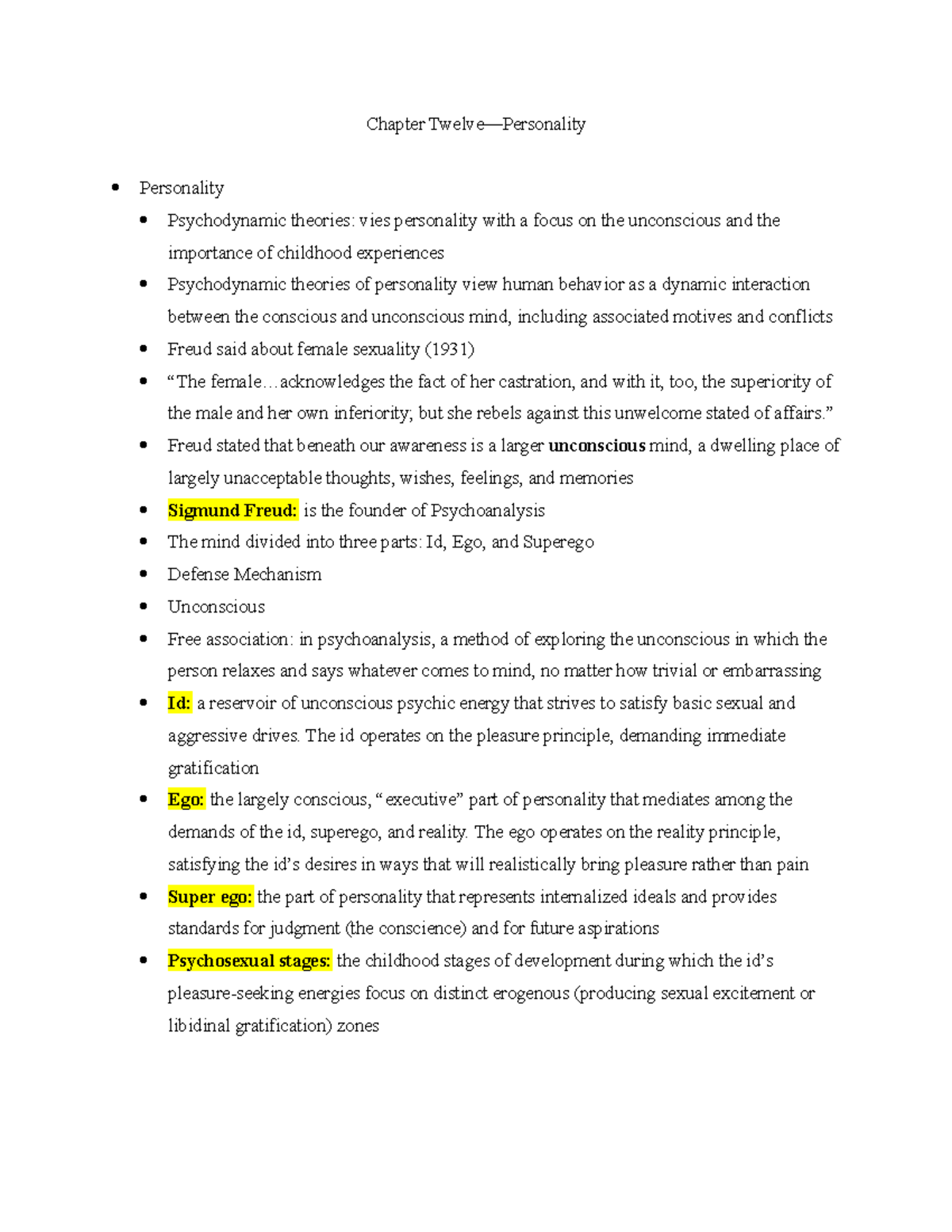Chapter 12 Lecture Notes - Chapter Twelve—Personality Personality ...