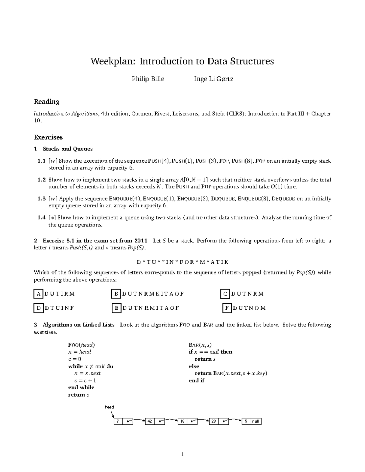 Introtodatastructures Weekplan Weekplan Introduction To Data Structures Philip Bille Inge Li