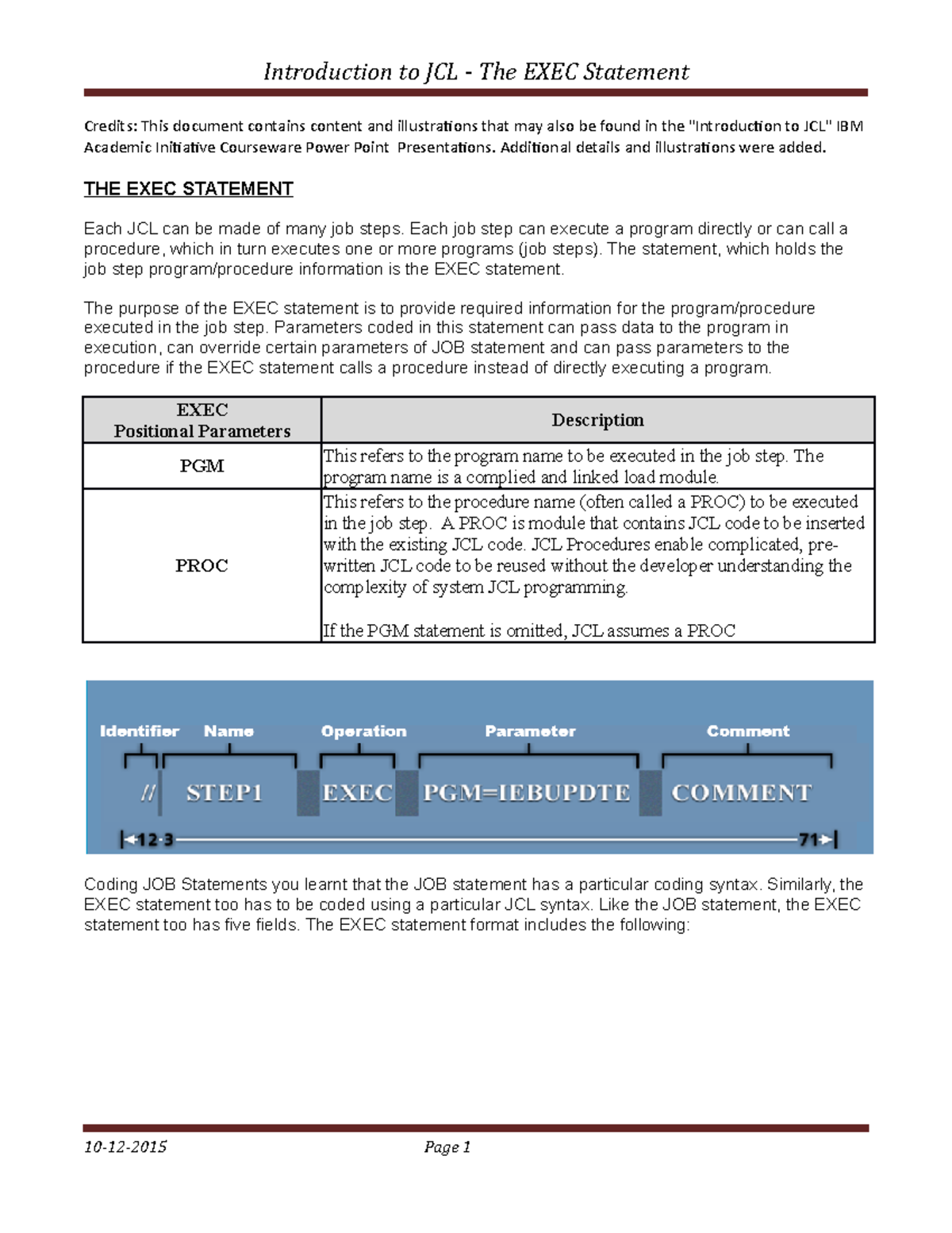 Introduction To Jcl The Exec Statement Credits This Document Contains Content And 