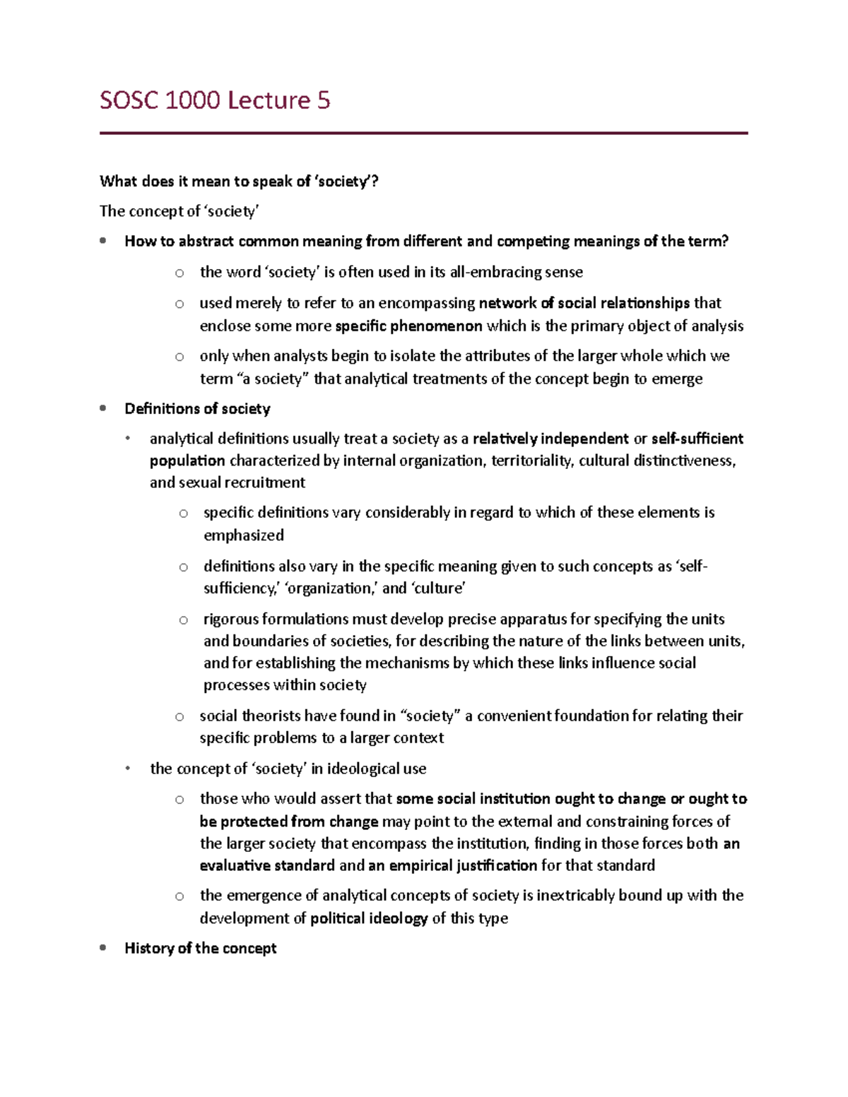SOSC 1000 Lecture 5 - sosc 1000 - SOSC 1000 Lecture 5 What does it mean to speak of ‘society ...