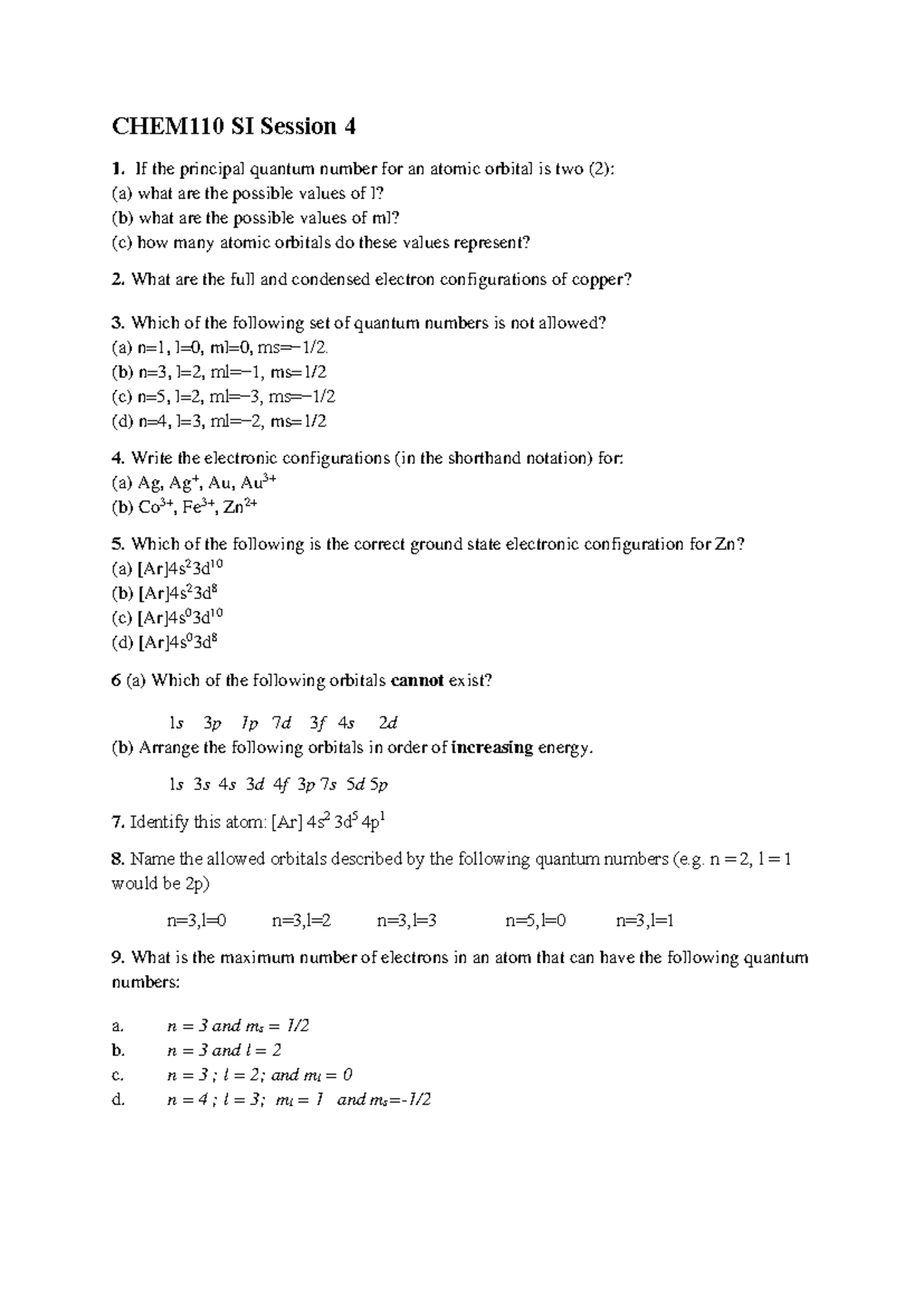 CHEM110 SI Session 4 Worksheet - CHEM110 SI Session 4 If the principal ...