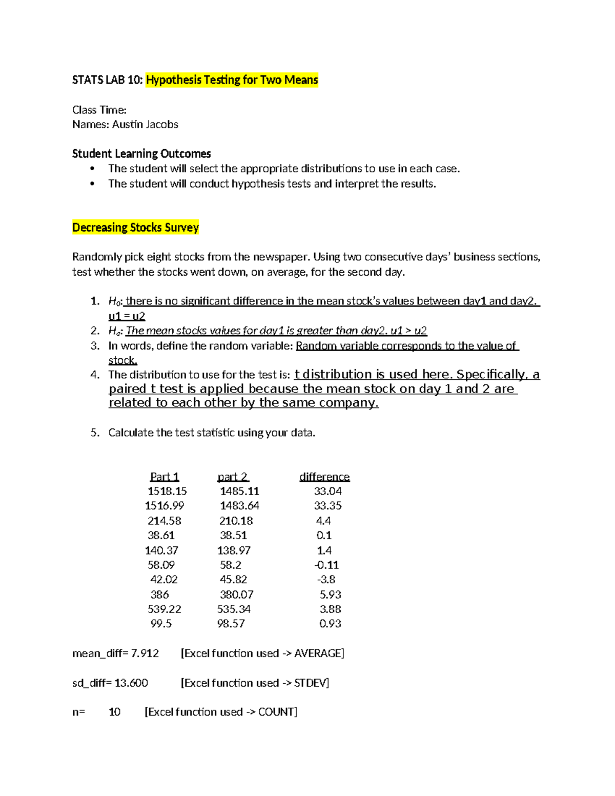 Stats LAB 10 Hypothesis Testing for Two Means - STATS LAB 10 ...