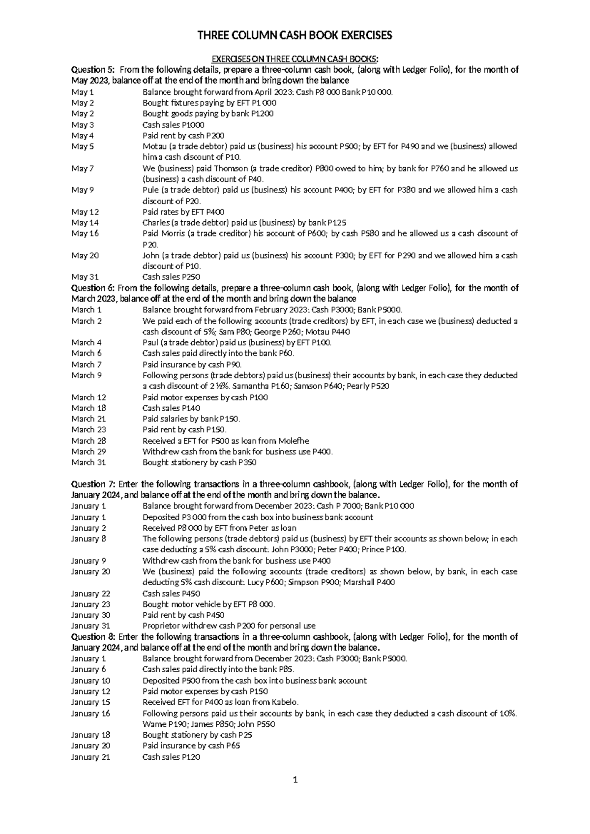 Three Column CASH BOOK Exercises - THREE COLUMN CASH BOOK EXERCISES ...