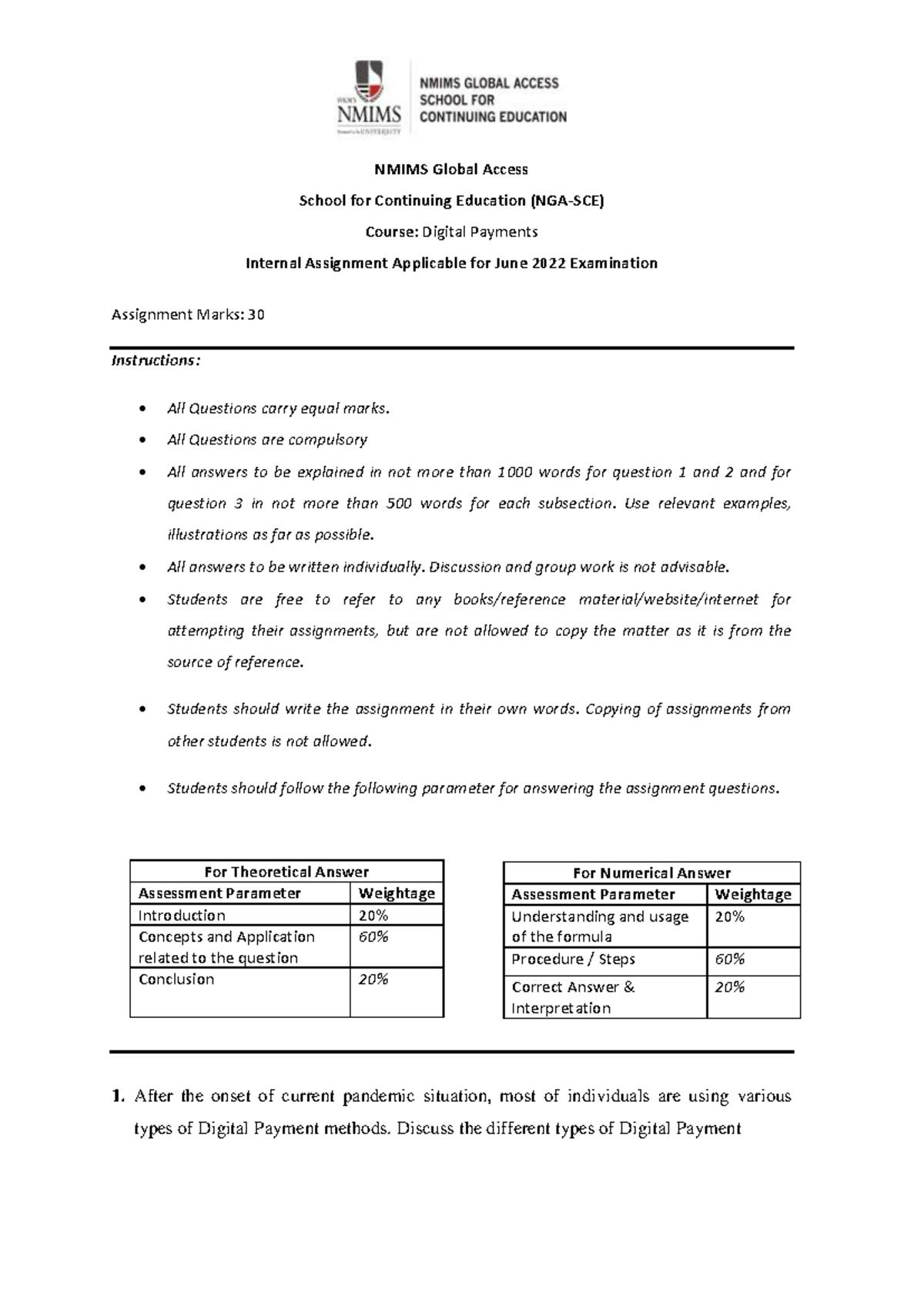 Digital Payments - Assignment June 2022 z Dutuv Ah Ez - NMIMS Global Access School for ...