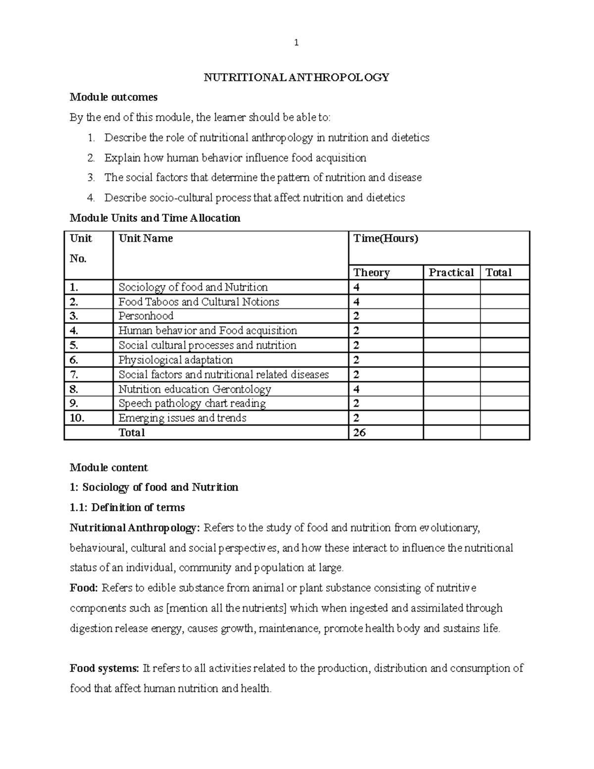 Nutrition Anthropology - 1 NUTRITIONAL ANTHROPOLOGY Module outcomes By ...