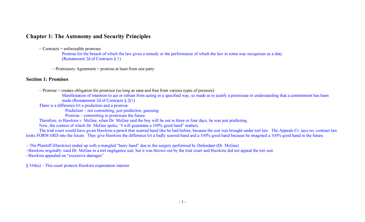 Contracts - Case Briefs - Notes from mentor - Chapter 1: The Autonomy ...